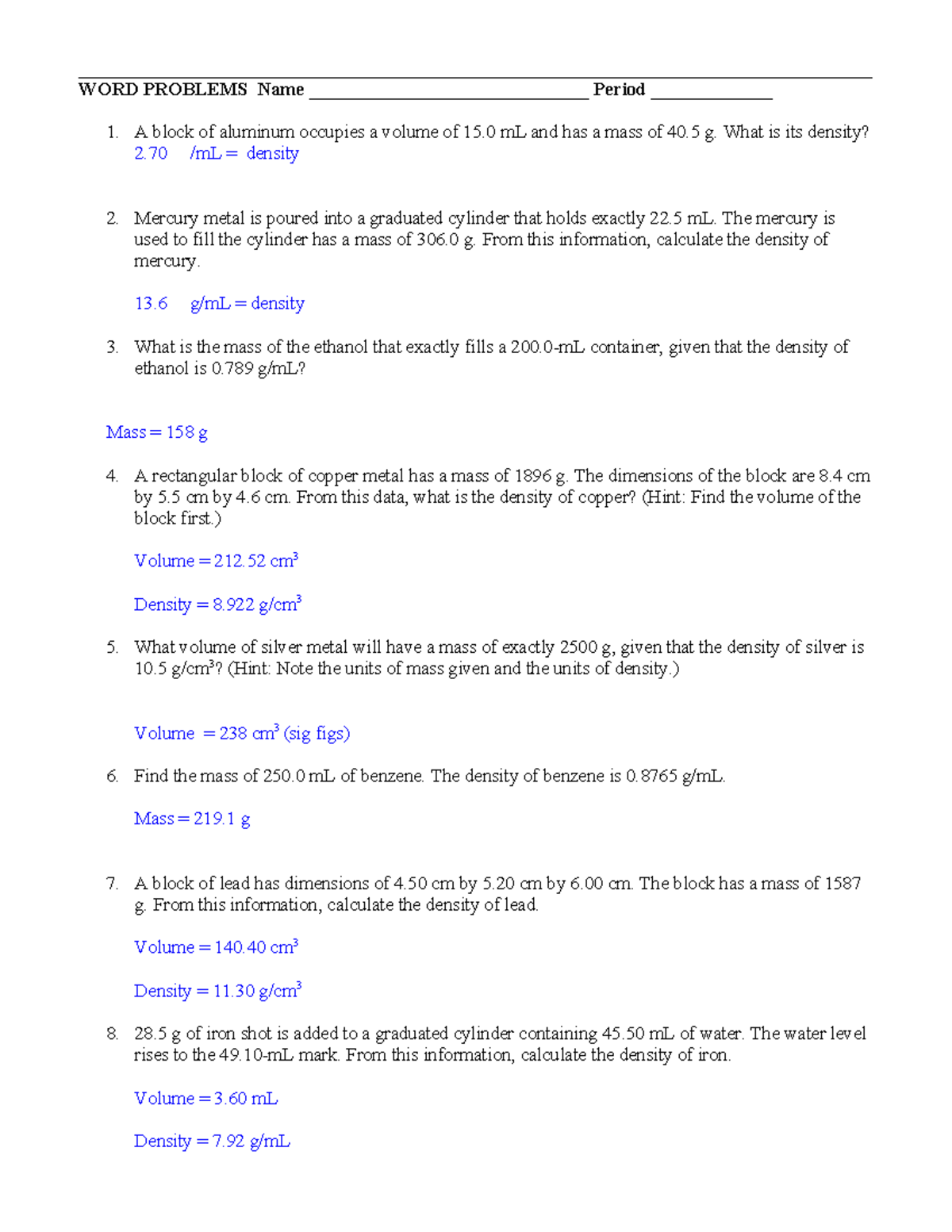 Density Practice - its good - - Studocu