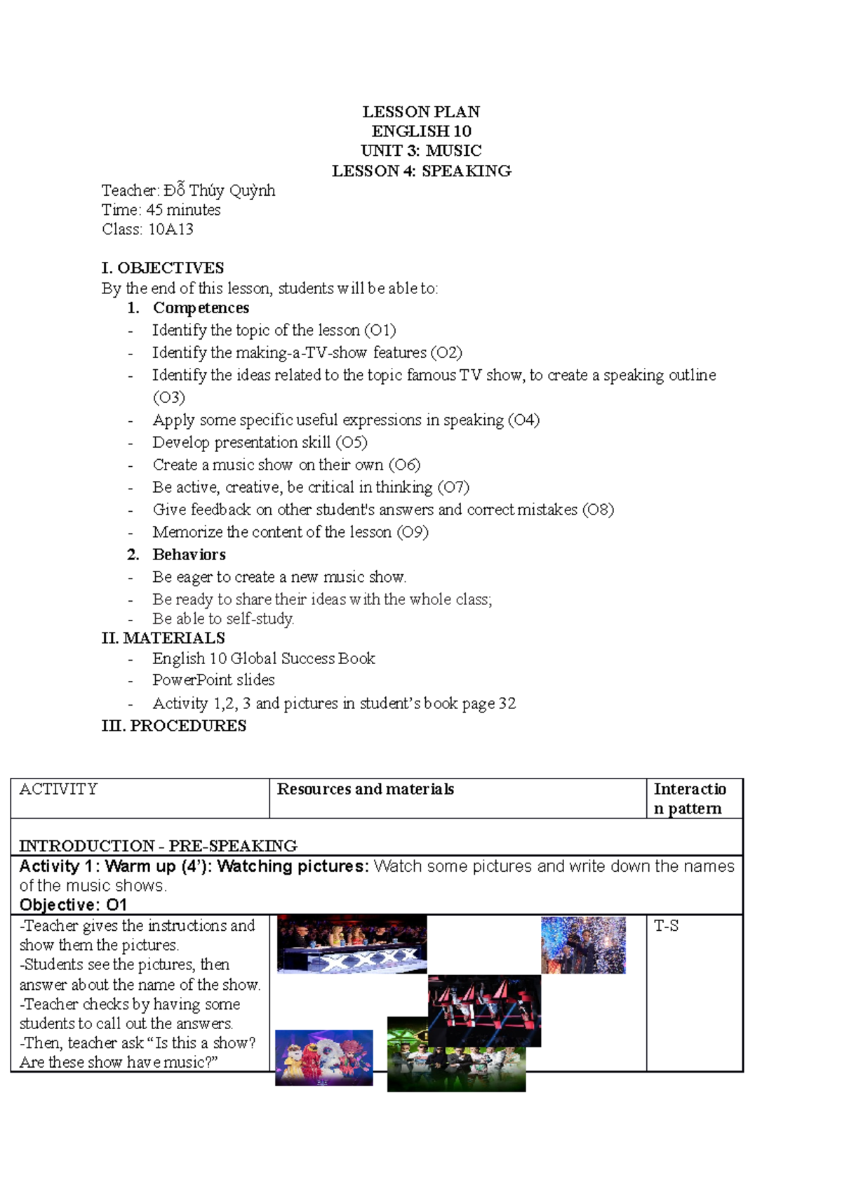 Speaking Lesson PLAN - abcd - LESSON PLAN ENGLISH 10 UNIT 3: MUSIC ...