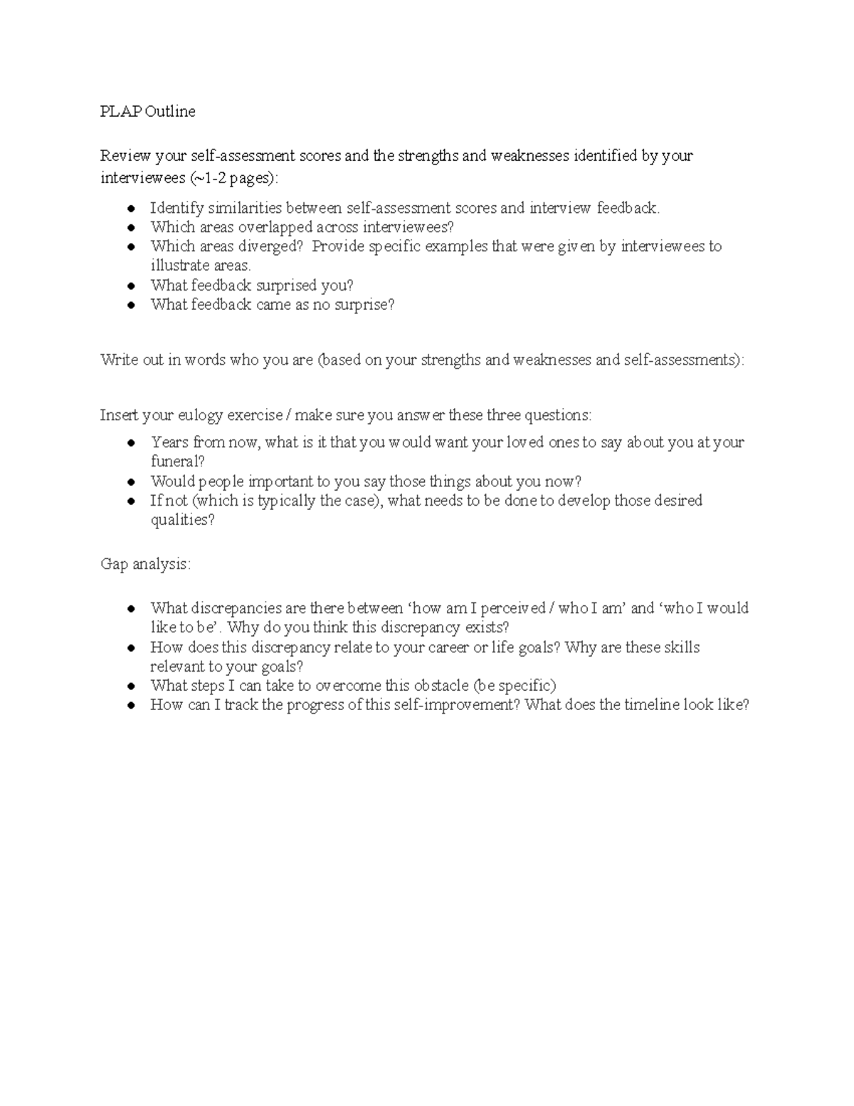 PLAP Outline - PLAP Outline Review your self-assessment scores and the ...