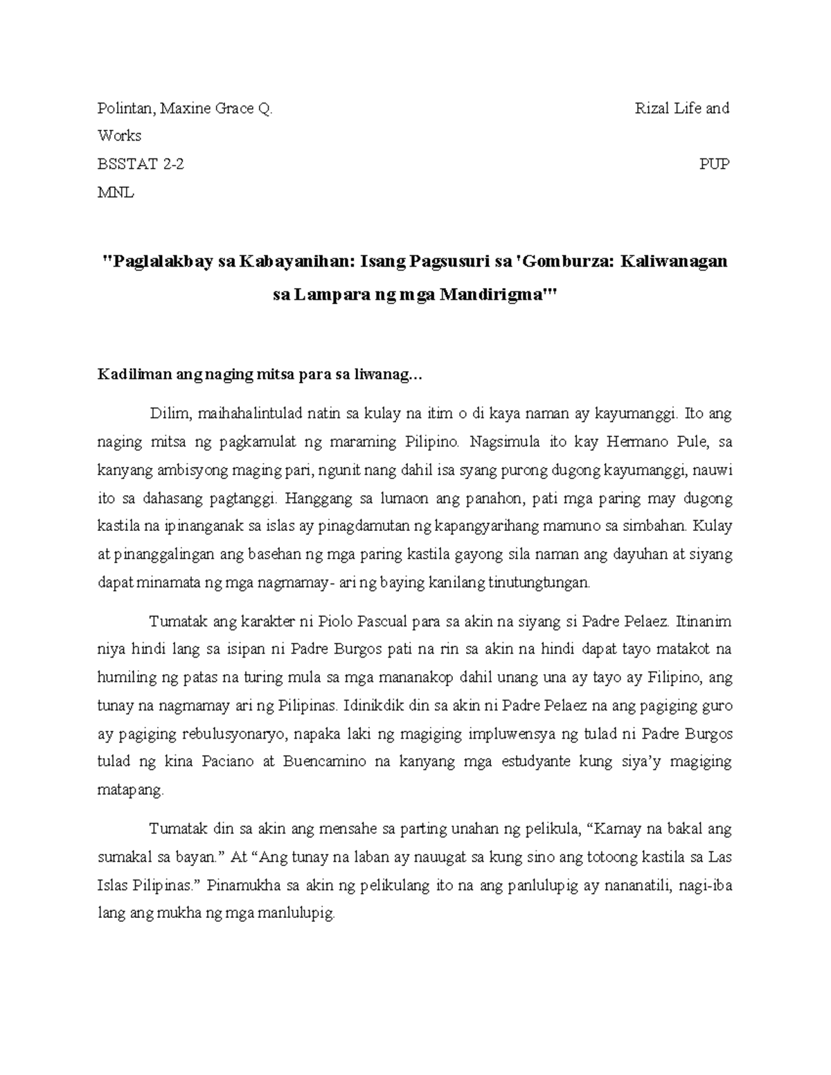 Rizal Gomburza Reflection Paper - Polintan, Maxine Grace Q. Rizal Life ...