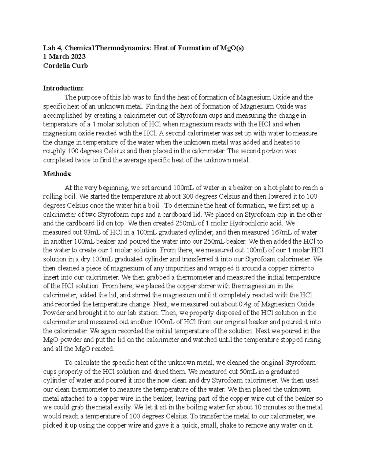 Chemical Thermodynamics Heat of Formation of Mg O Lab Report - Lab 4 ...