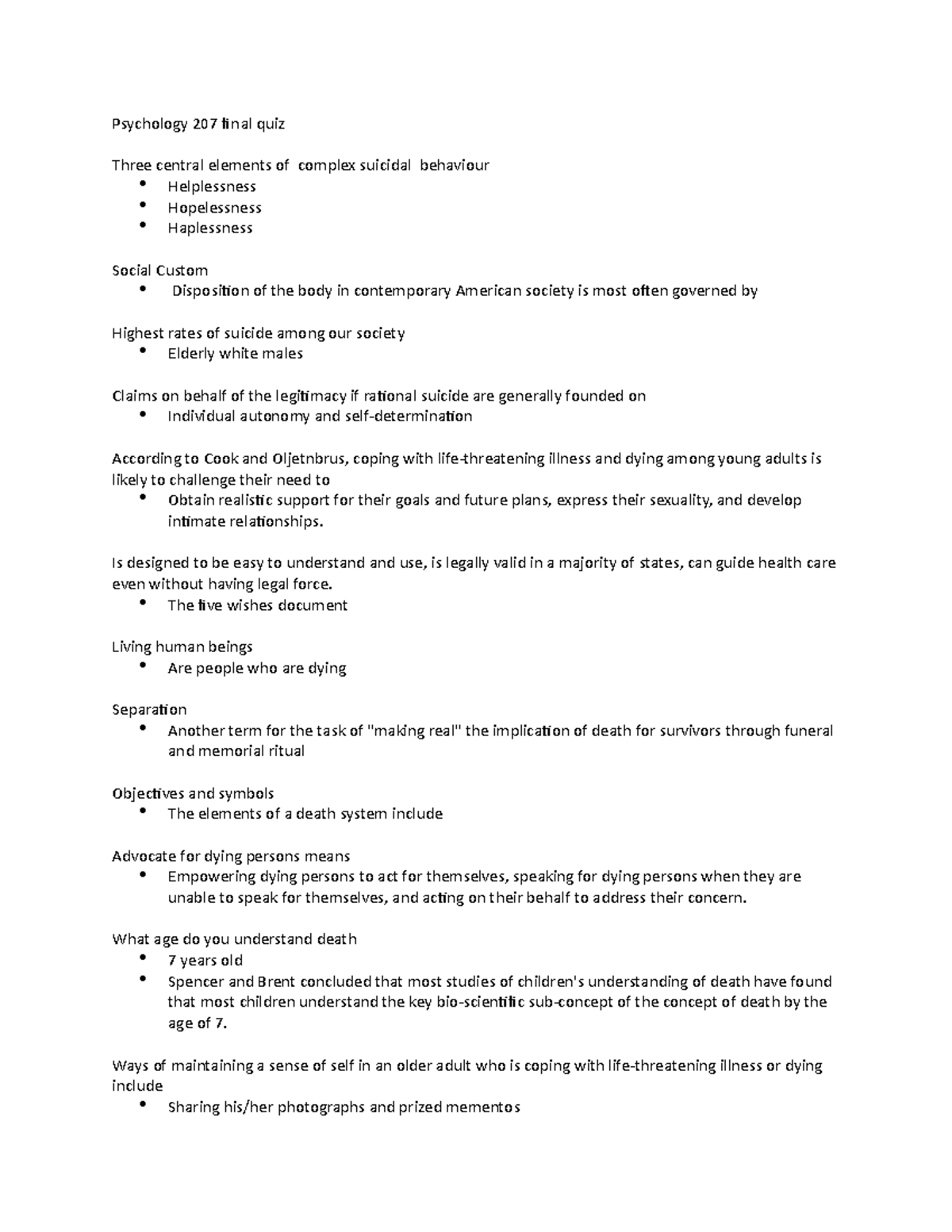 Psychology 207 Death And Dying Final Quiz Psy 207 3 U Of S Studocu