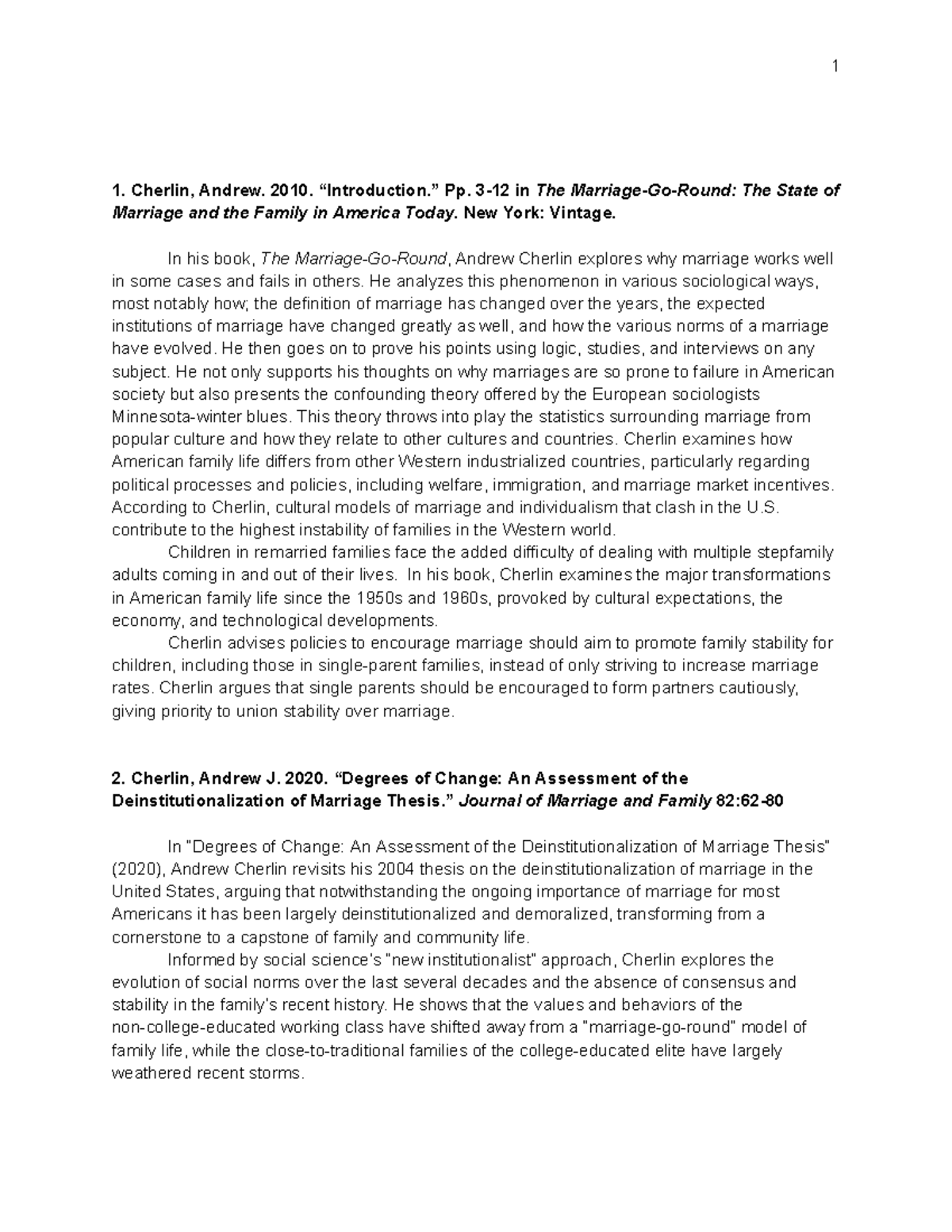 AB2 Reading Summaries - Summary sociology Family - Cherlin, Andrew ...