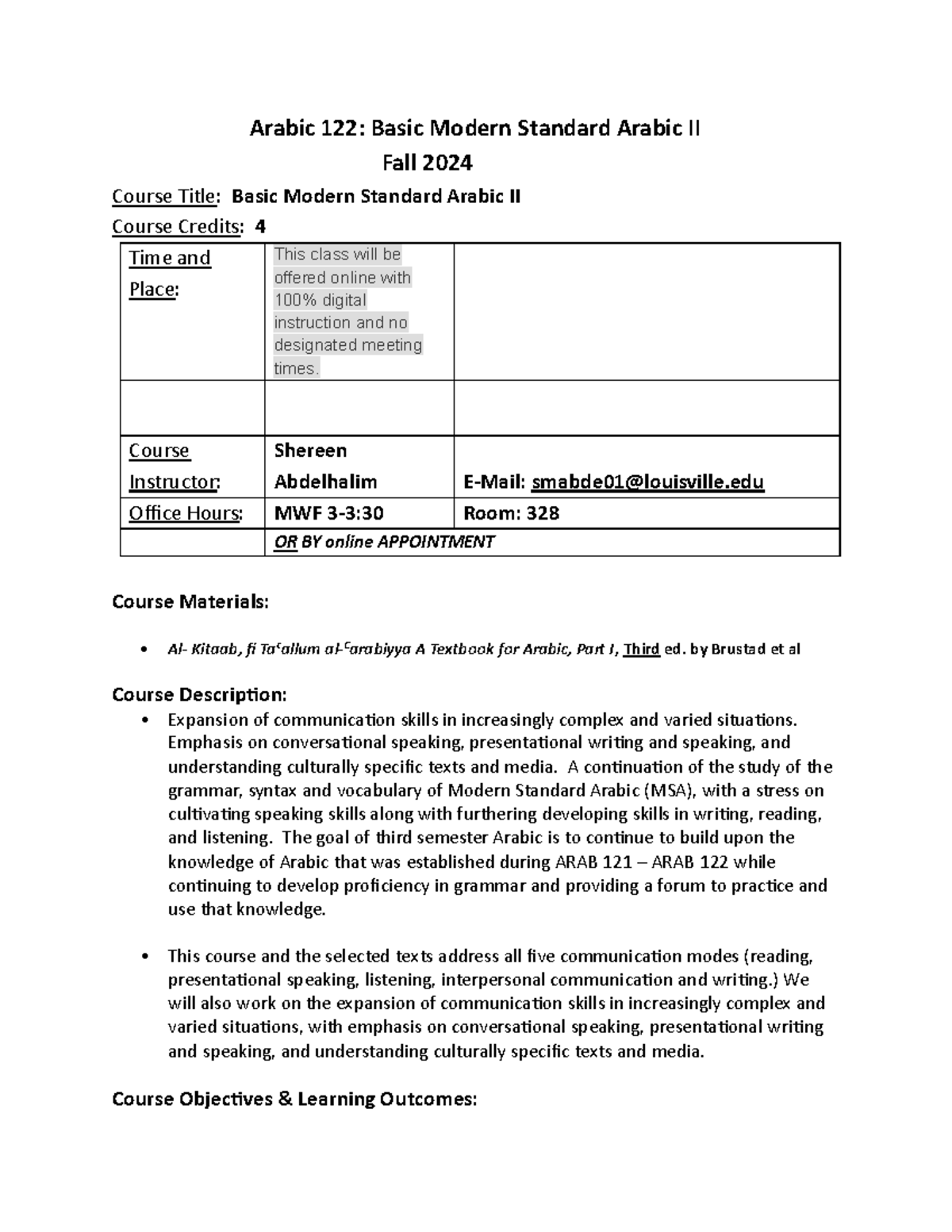 Arabic 122 syllabus - Arabic 122: Basic Modern Standard Arabic II Fall ...