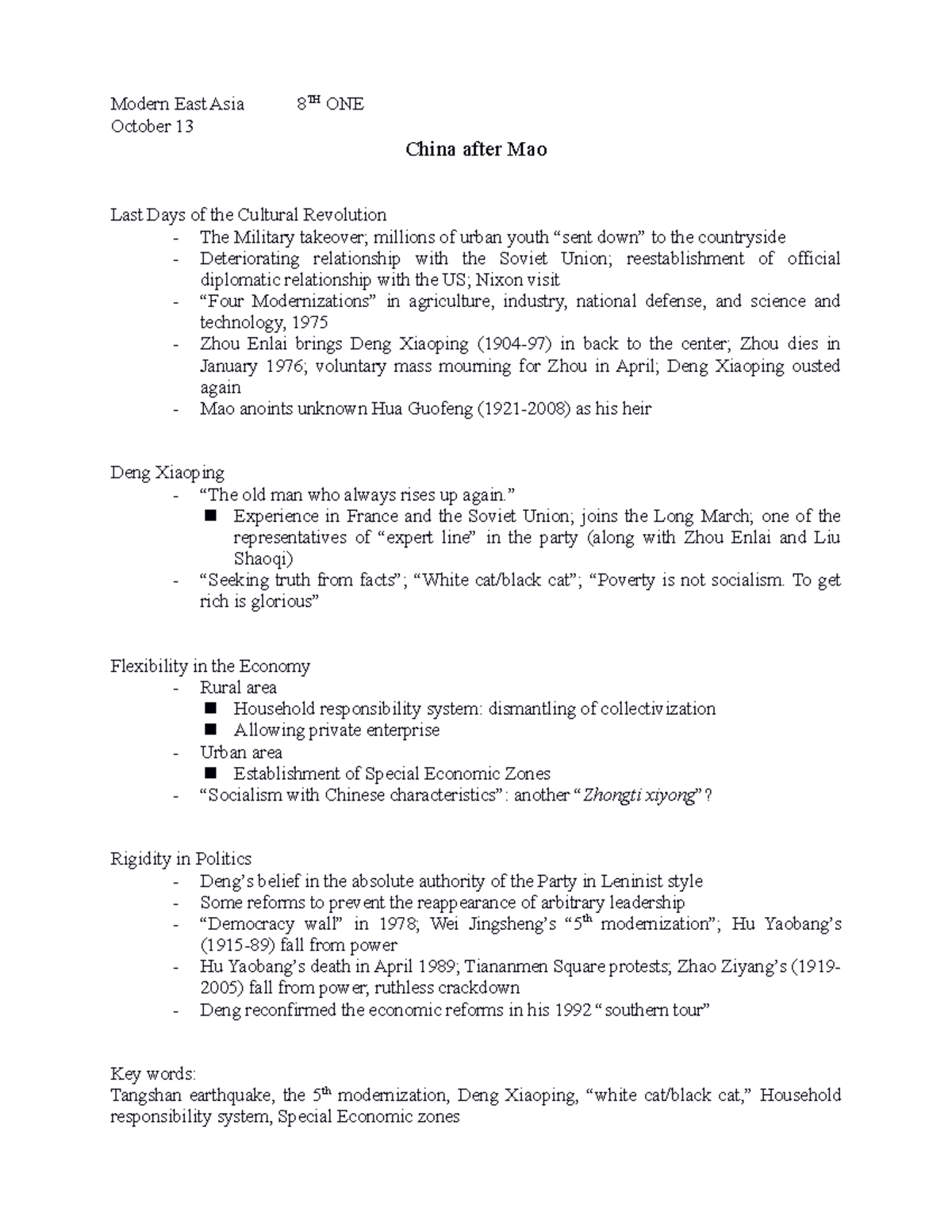Modern East Asia China after Mao-handout - Modern East Asia 8 TH ONE ...