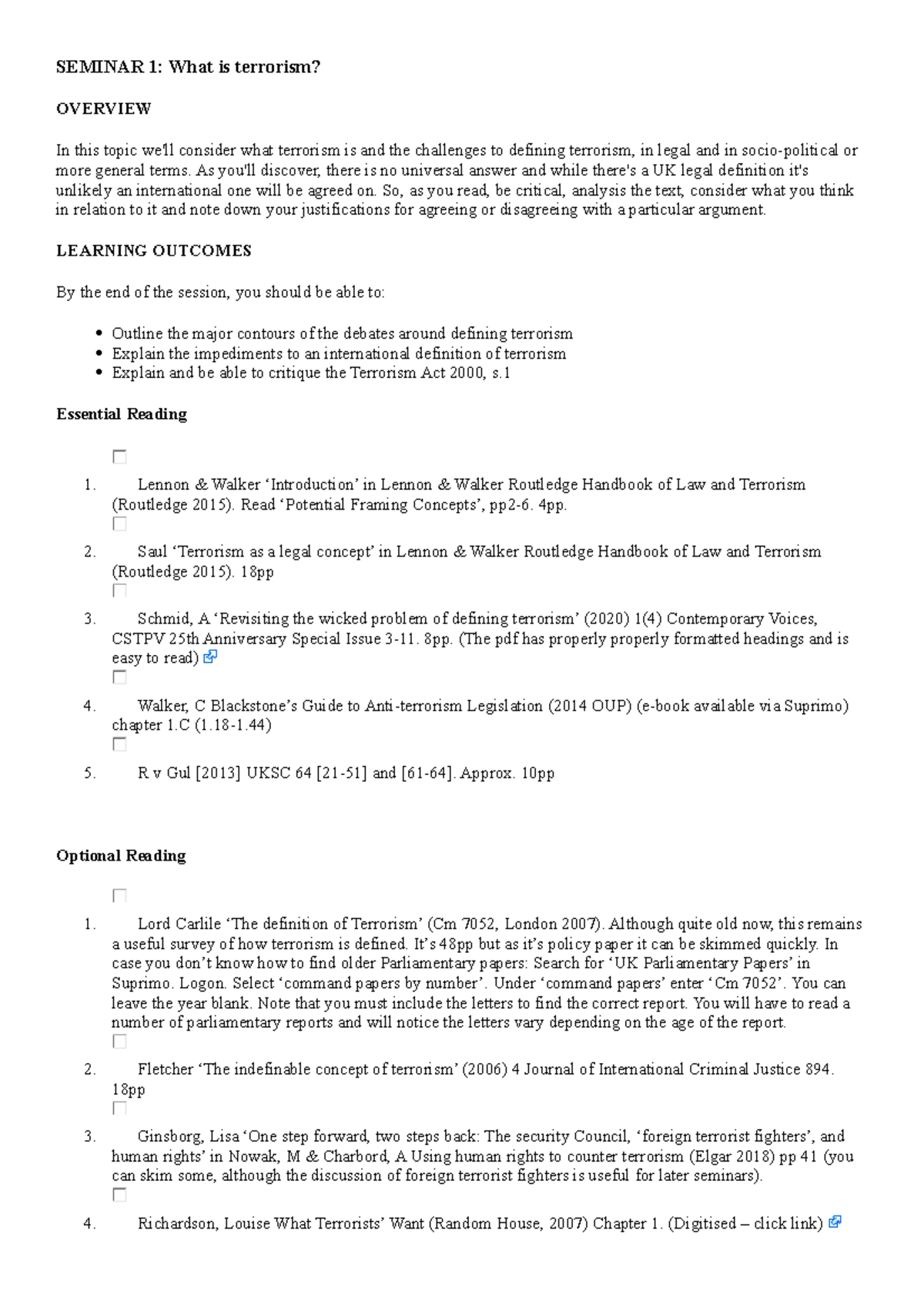 Seminar 1 notes 2021 - SEMINAR 1: What is terrorism? OVERVIEW In this ...
