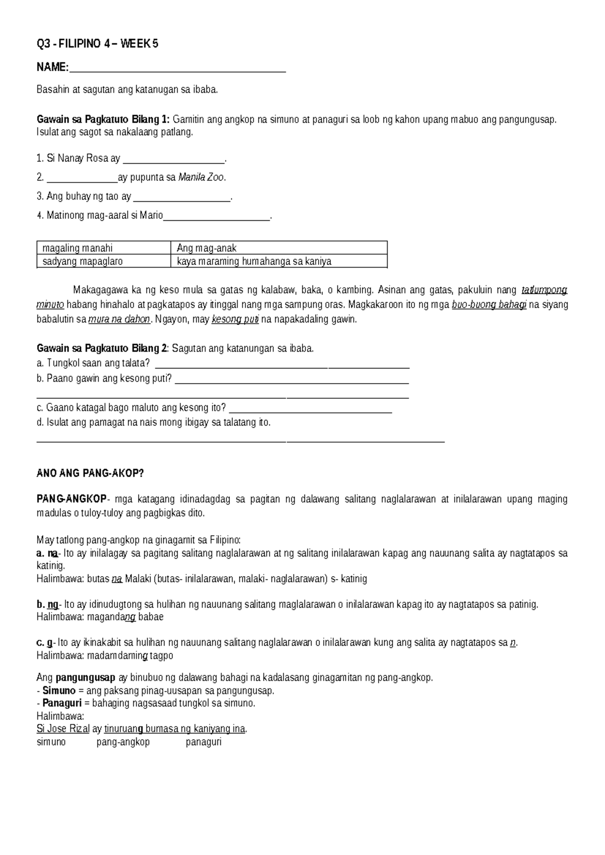 Q3 Filipino WEEK 5 - Q3 - FILIPINO 4 – WEEK 5 NAME