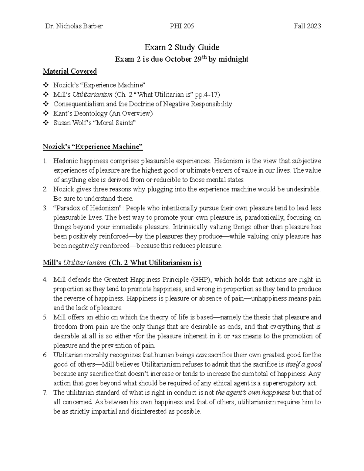 Exam 2 Study Guide, Fall 2023, Dr. Nicholas Barber - Dr. Nicholas Barber PHI 205 Fall 2023 Exam ...