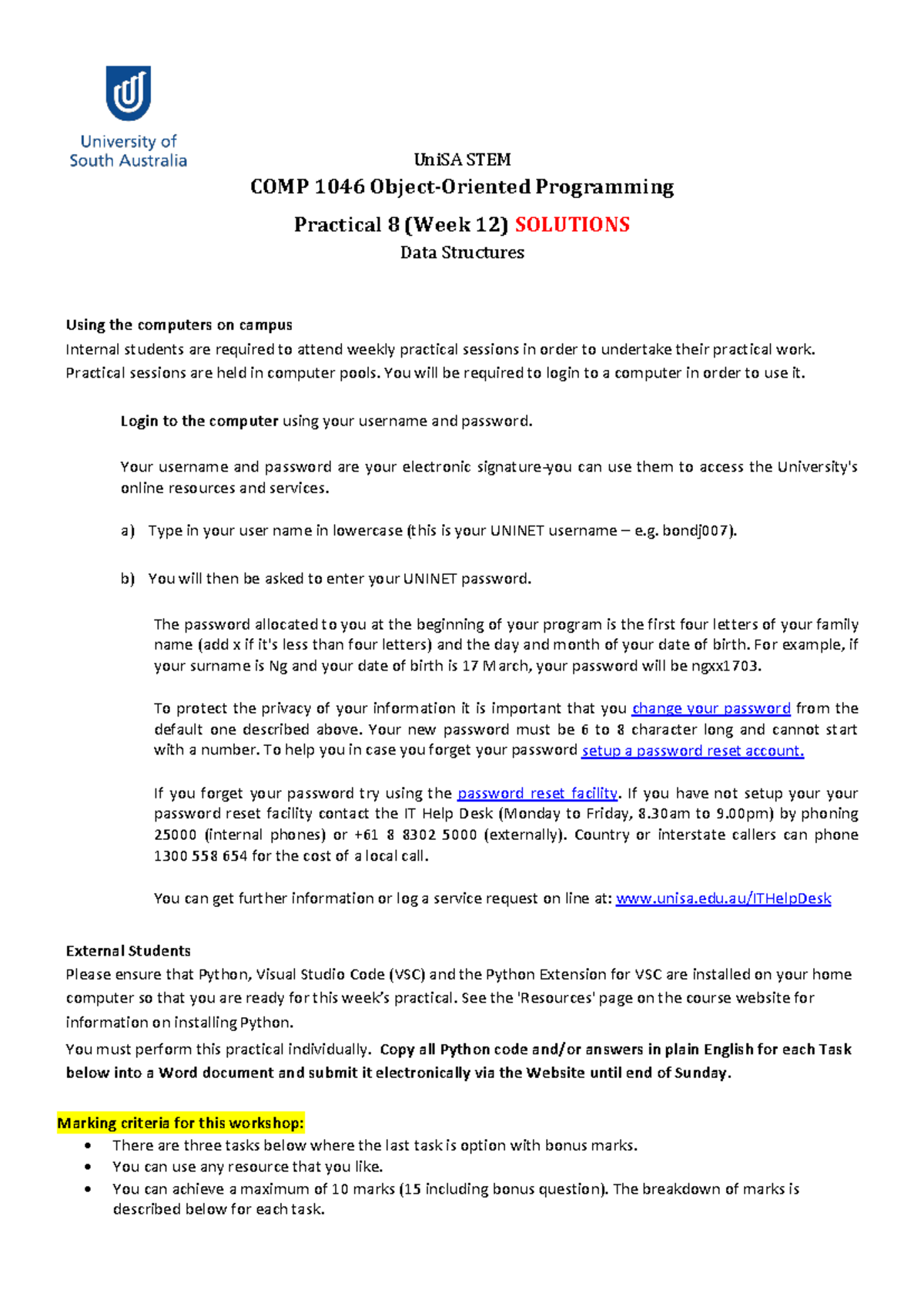 COMP 1046 OOP Prac 12 Data Structures SOL - UniSA STEM COMP 10 46 Object-Oriented Programming ...