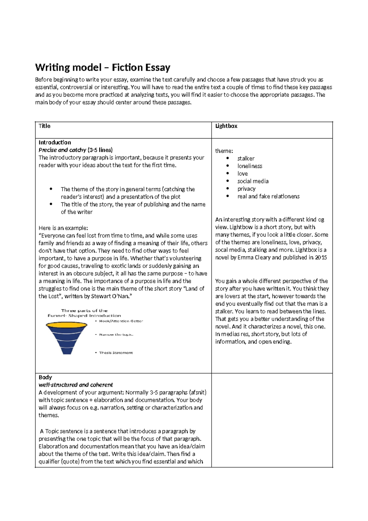 Aflevering - engelsk - Writing model – Fiction Essay Before beginning ...