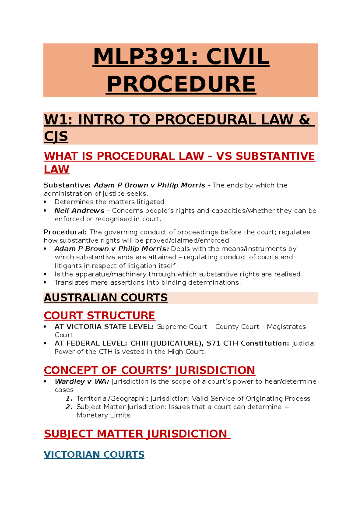 MLP391 Civil Procedure Lecture Notes - MLP391: CIVIL PROCEDURE W1 ...