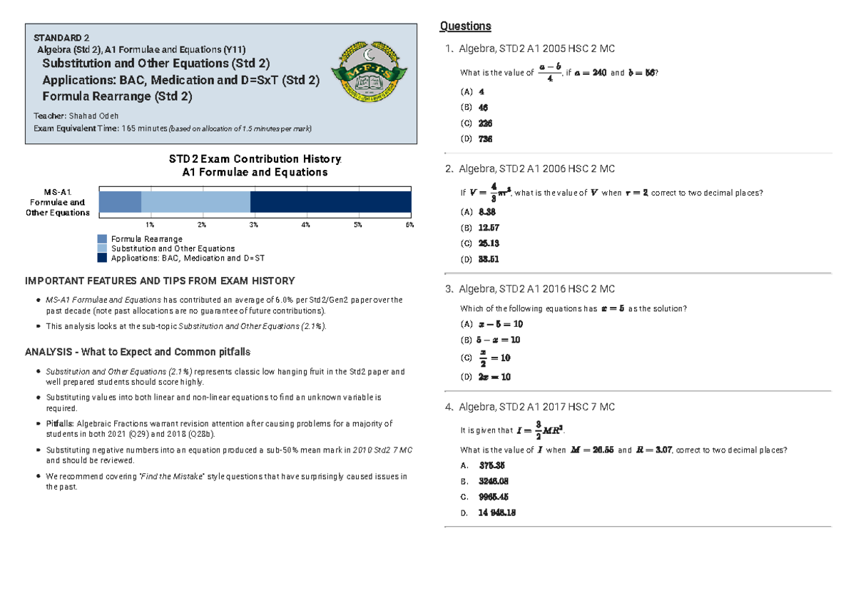 Formula and Equations Q&A 2023 - STANDARD 2 Algebra (Std 2), A1 ...