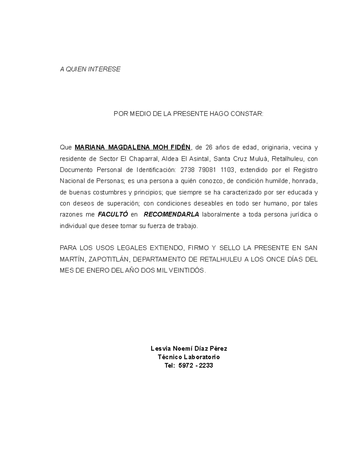 Carta de Recomendación - A QUIEN INTERESE POR MEDIO DE LA PRESENTE HAGO ...