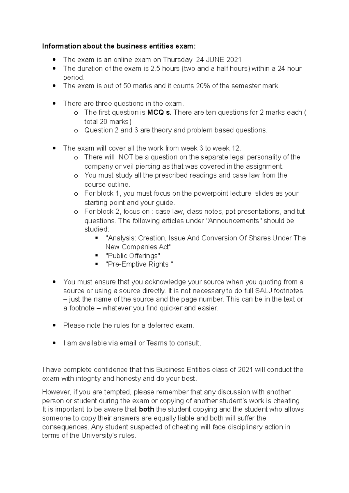 Information about the business entities exam - The exam is out of 50 ...