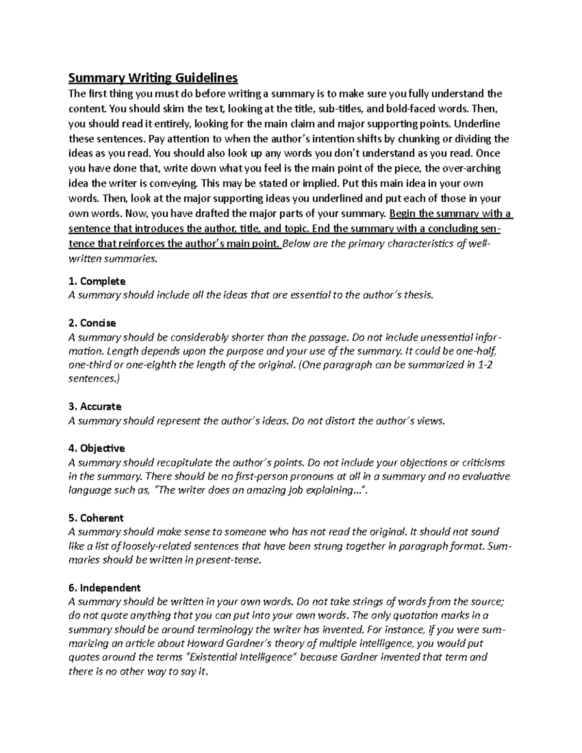 Summary Writing Guidelines - You should skim the text, looking at the ...