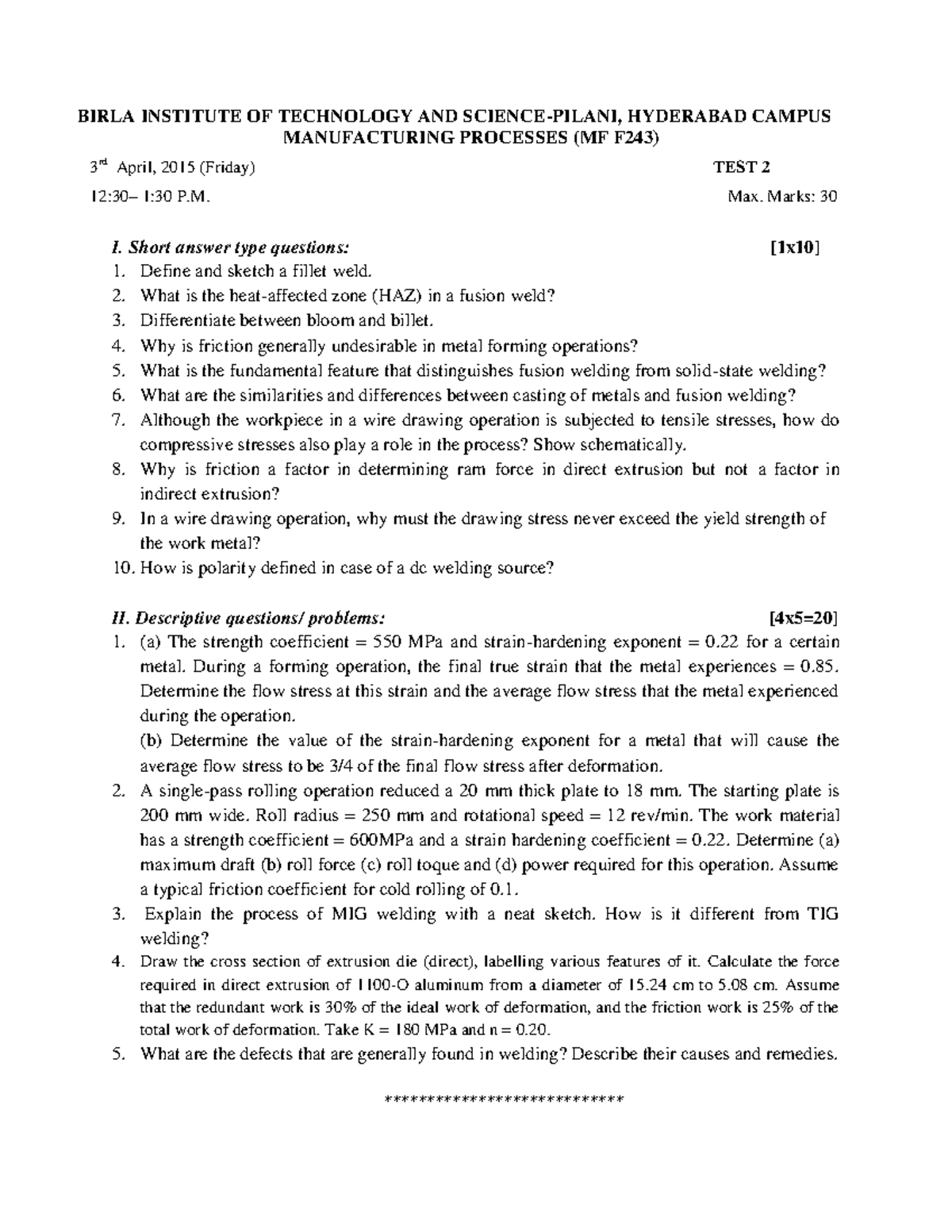 TEST2 QP MF F243 - manufacturing processes - BIRLA INSTITUTE OF ...