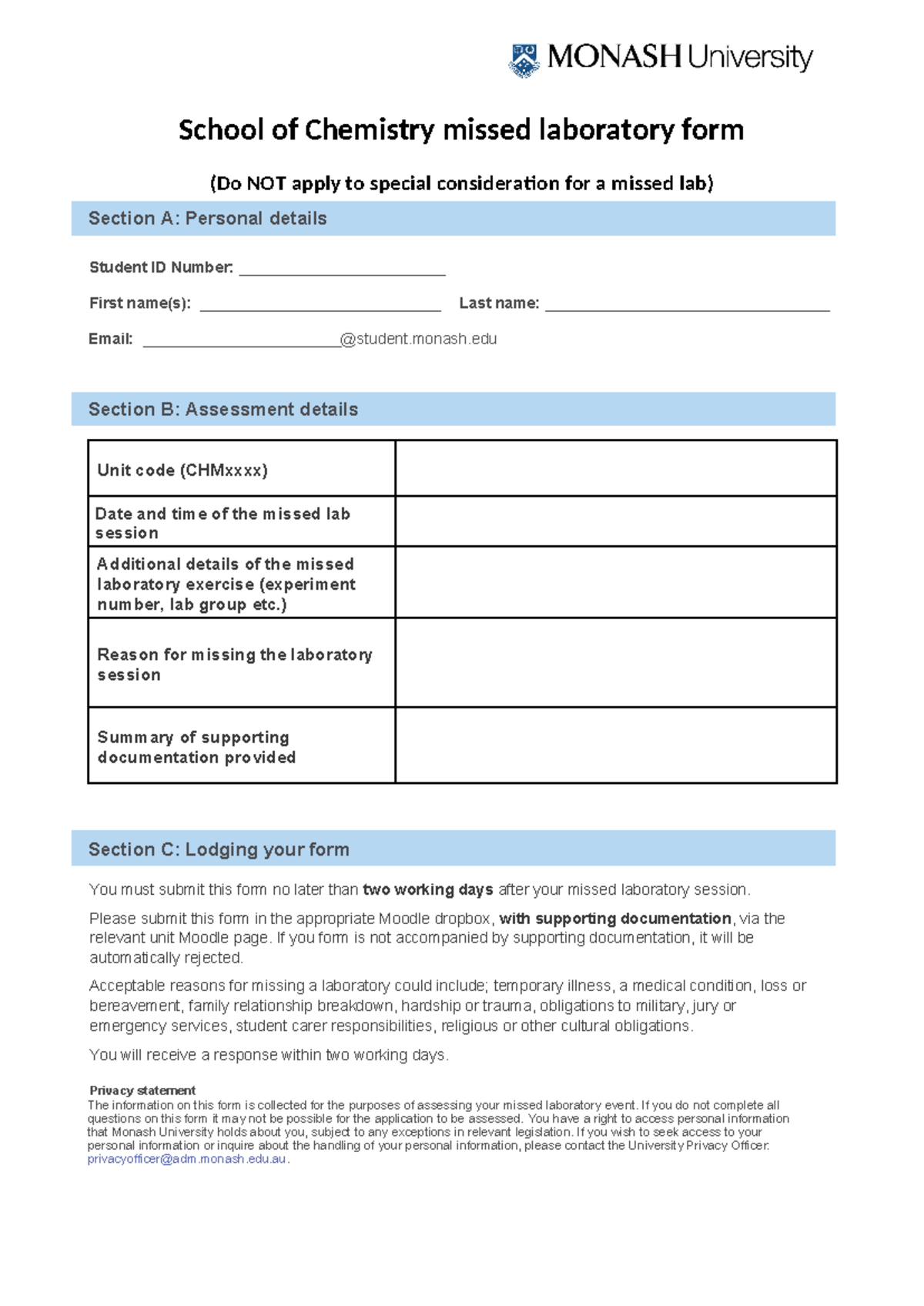 Missed lab form - School of Chemistry missed laboratory form (Do NOT apply to special ...