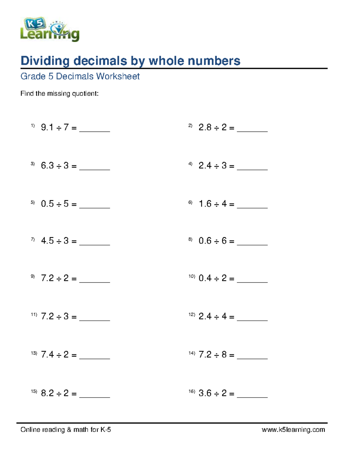 Division revision - Dividing decimals by whole numbers Grade 5 Decimals ...