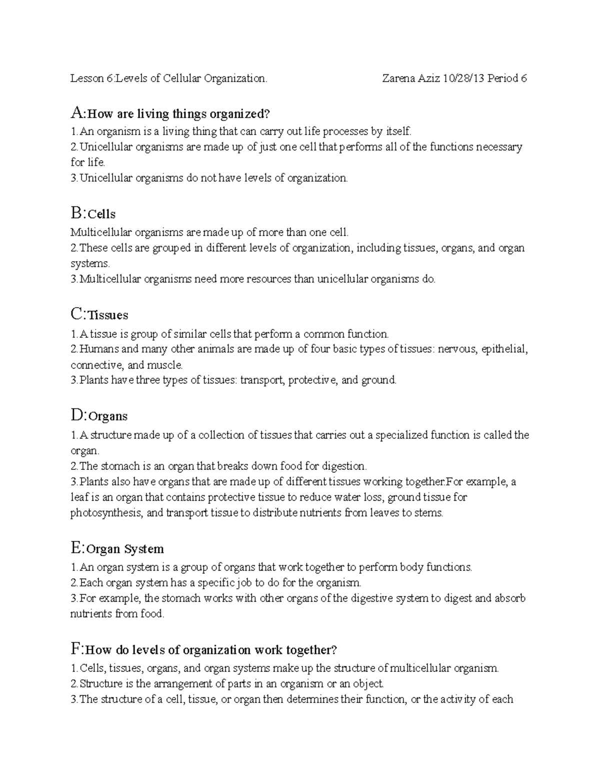 Science Outline 2.6 Unit 2 Lesson 6 Levels of Cellular Organization ...