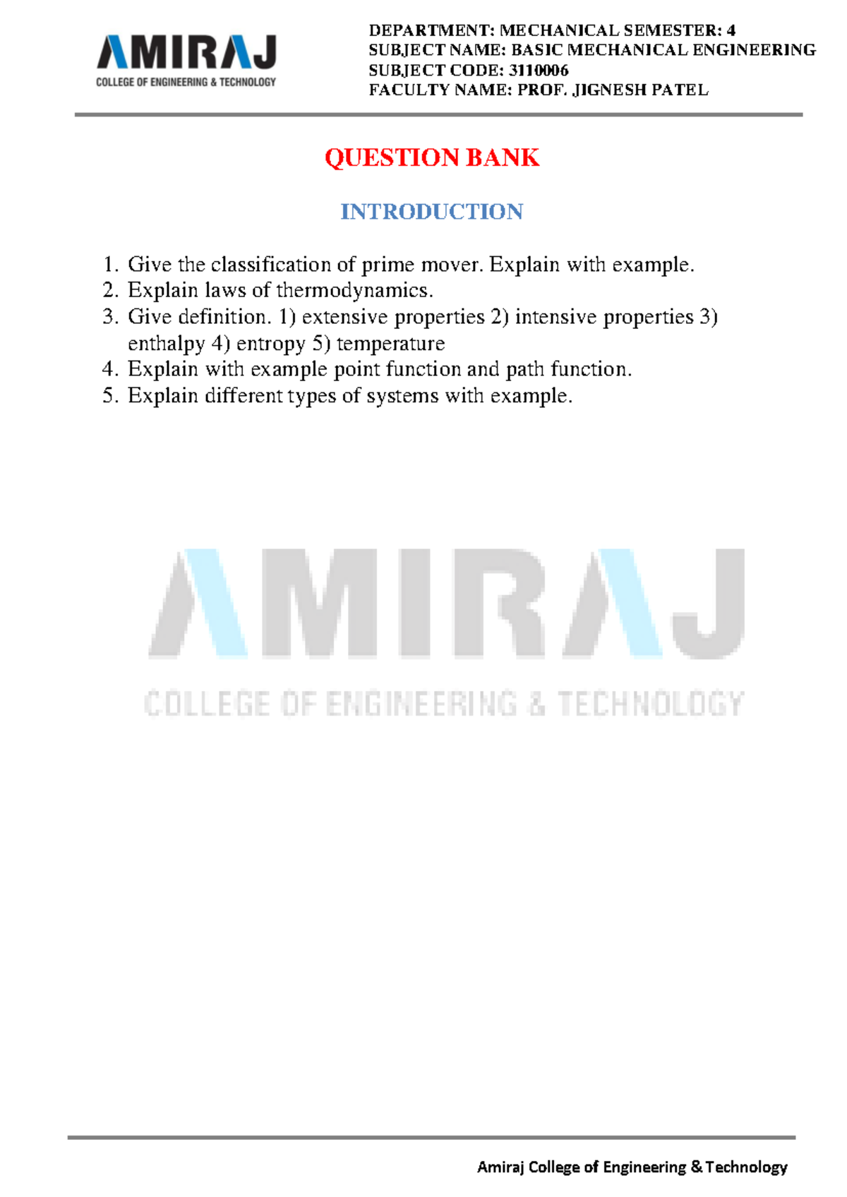 Q2 - BME Question-bank - BME IMP TOPIC - SUBJECT NAME: BASIC MECHANICAL ENGINEERING SUBJECT CODE ...