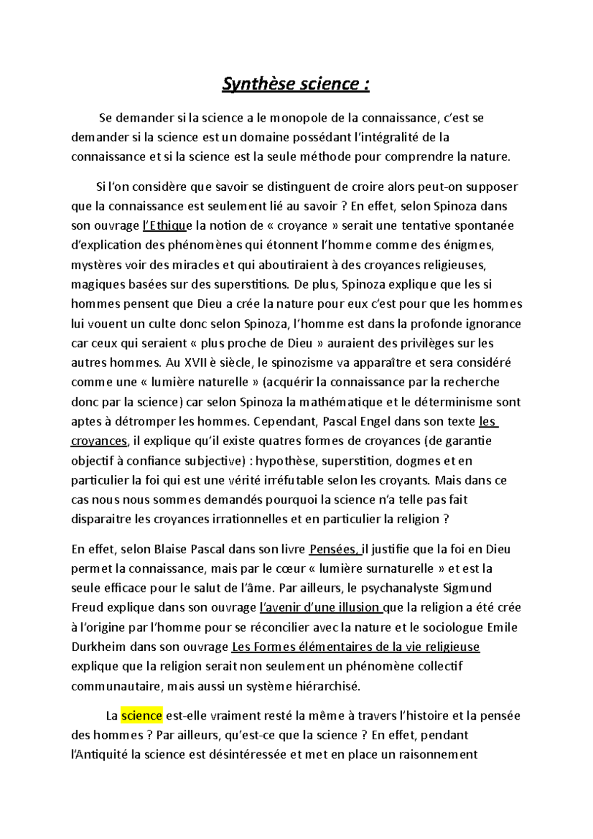 Synthèse science 2 - philosophie - Synthèse science : Se demander si la science a le monopole de ...