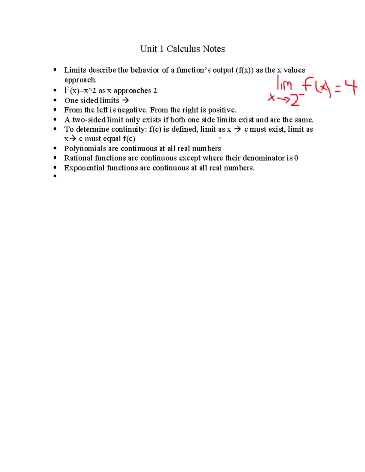 Unit 1 Calculus Notes - Unit 1 Calculus Notes Limits describe the ...