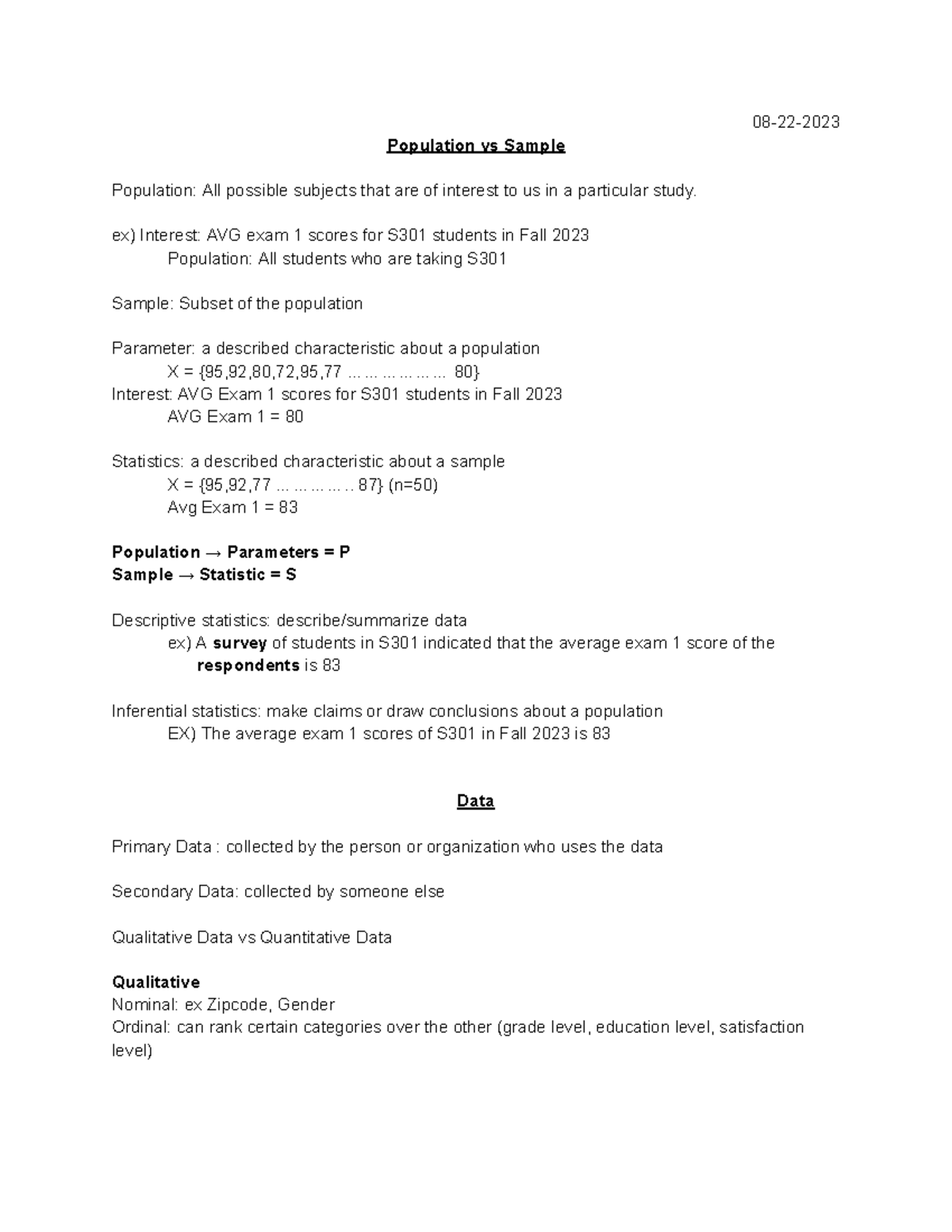 Stat S 301 Exam 1 Notes 08 22 Population Vs Sample Population All Possible Subjects That Are