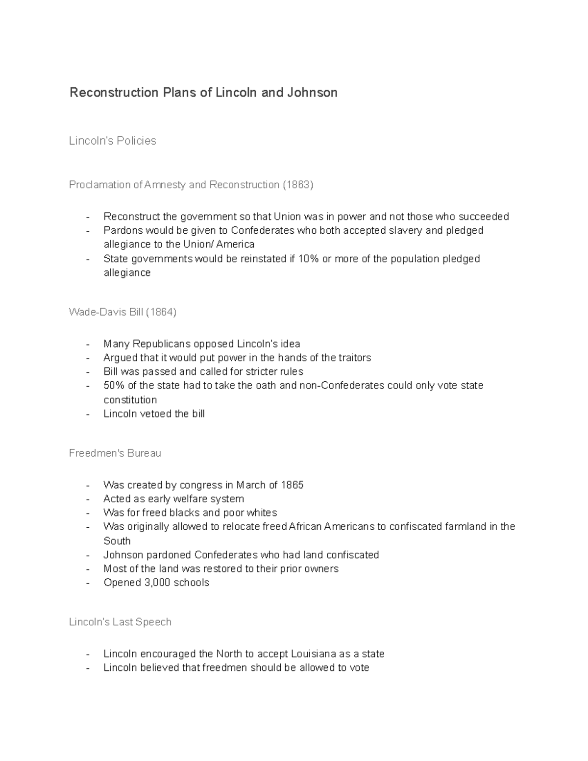 Chapter 15 - APUSH - Reconstruction Plans of Lincoln and Johnson ...