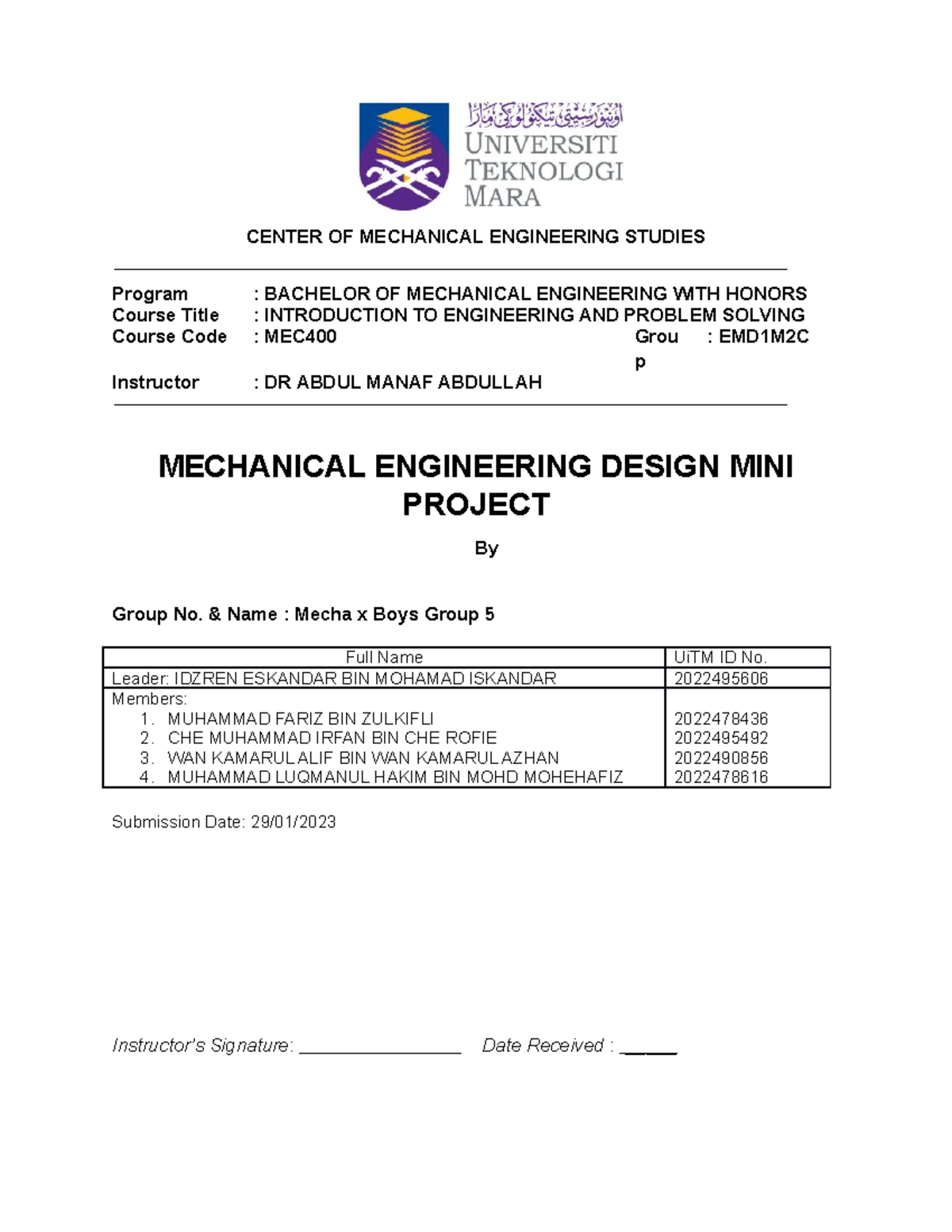 Mechanical Engineering Design Mini Project MEC400 G5 - CENTER OF ...