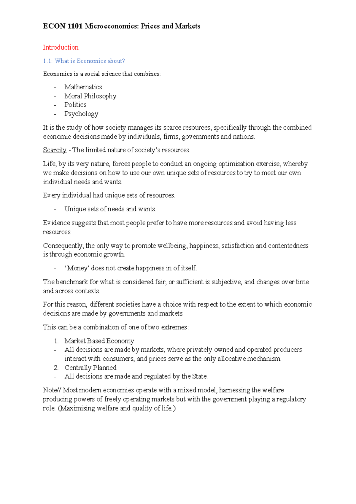 ECON 1101 Notes (Full) - Introduction 1: What is Economics about ...