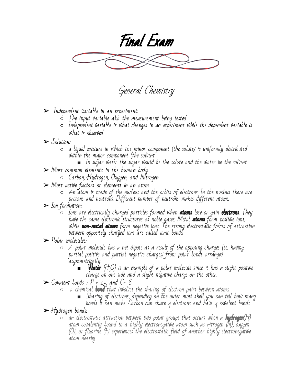 Final Exam Study Guide - Final Exam General Chemistry Independent ...