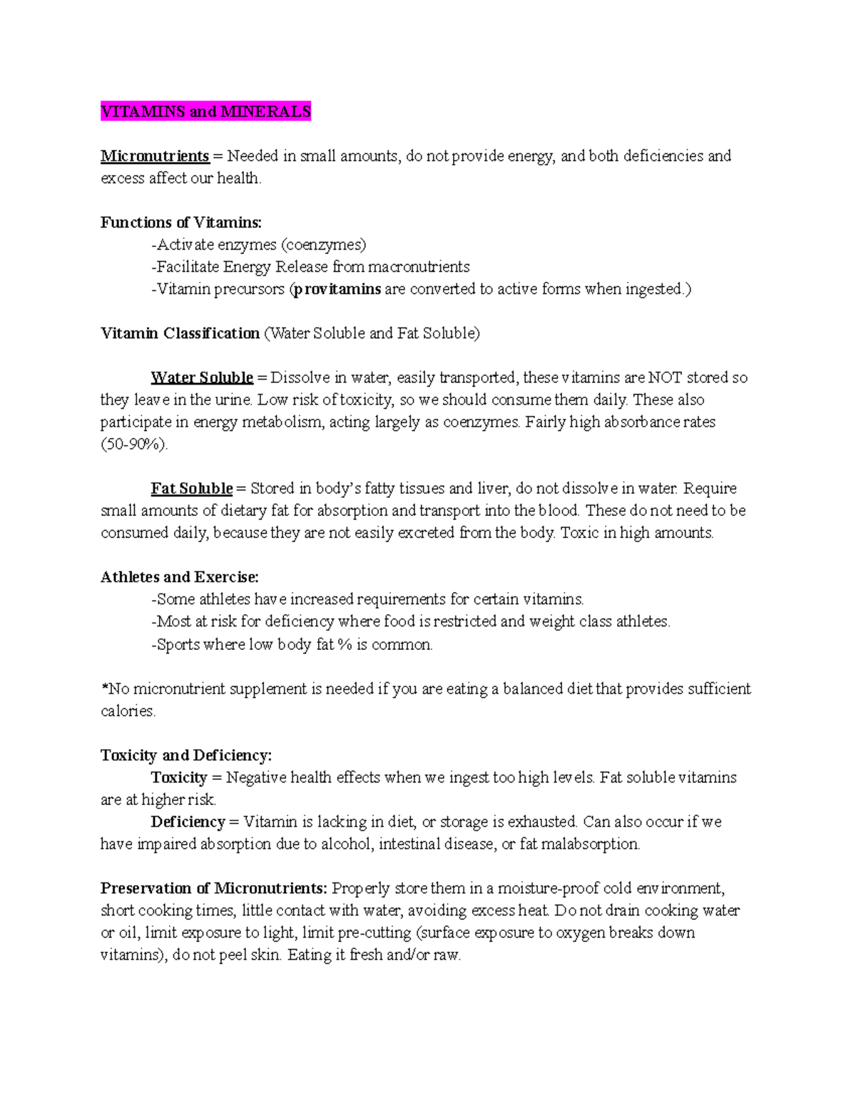 EXAM 2 Lecture Notes - VITAMINS and MINERALS Micronutrients = Needed in ...