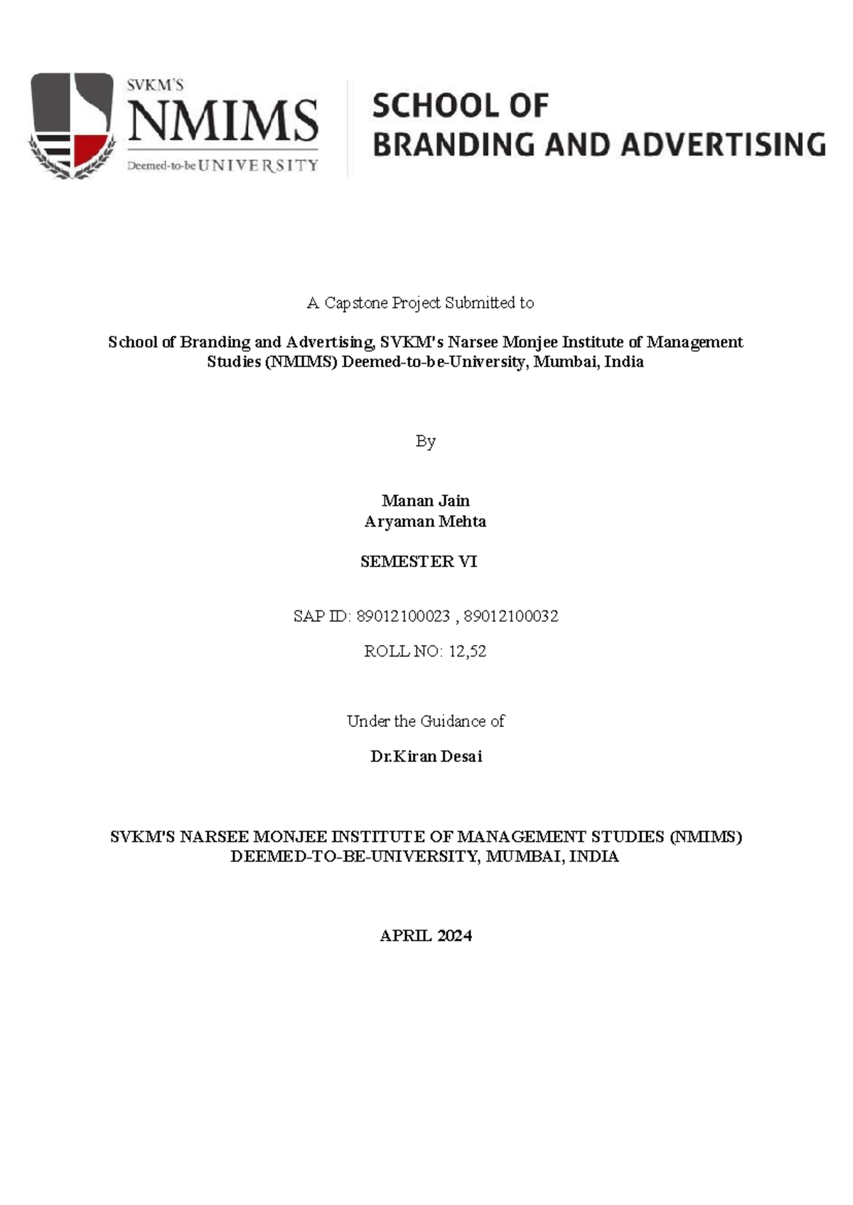 Capstone Final - A Capstone Project Submitted to School of Branding and ...