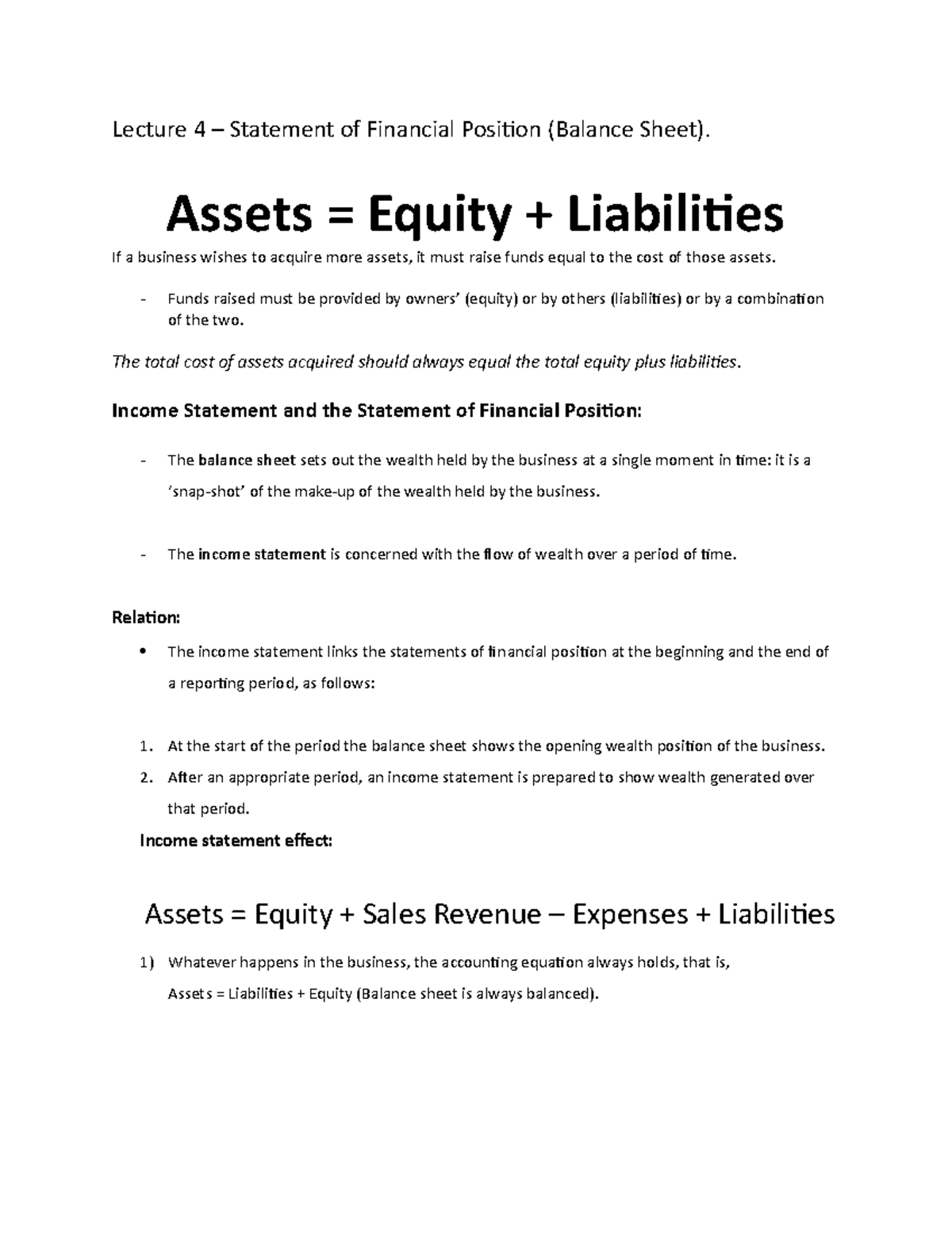 Lecture 4 – Statement of Financial Position - Lecture 4 – Statement of ...