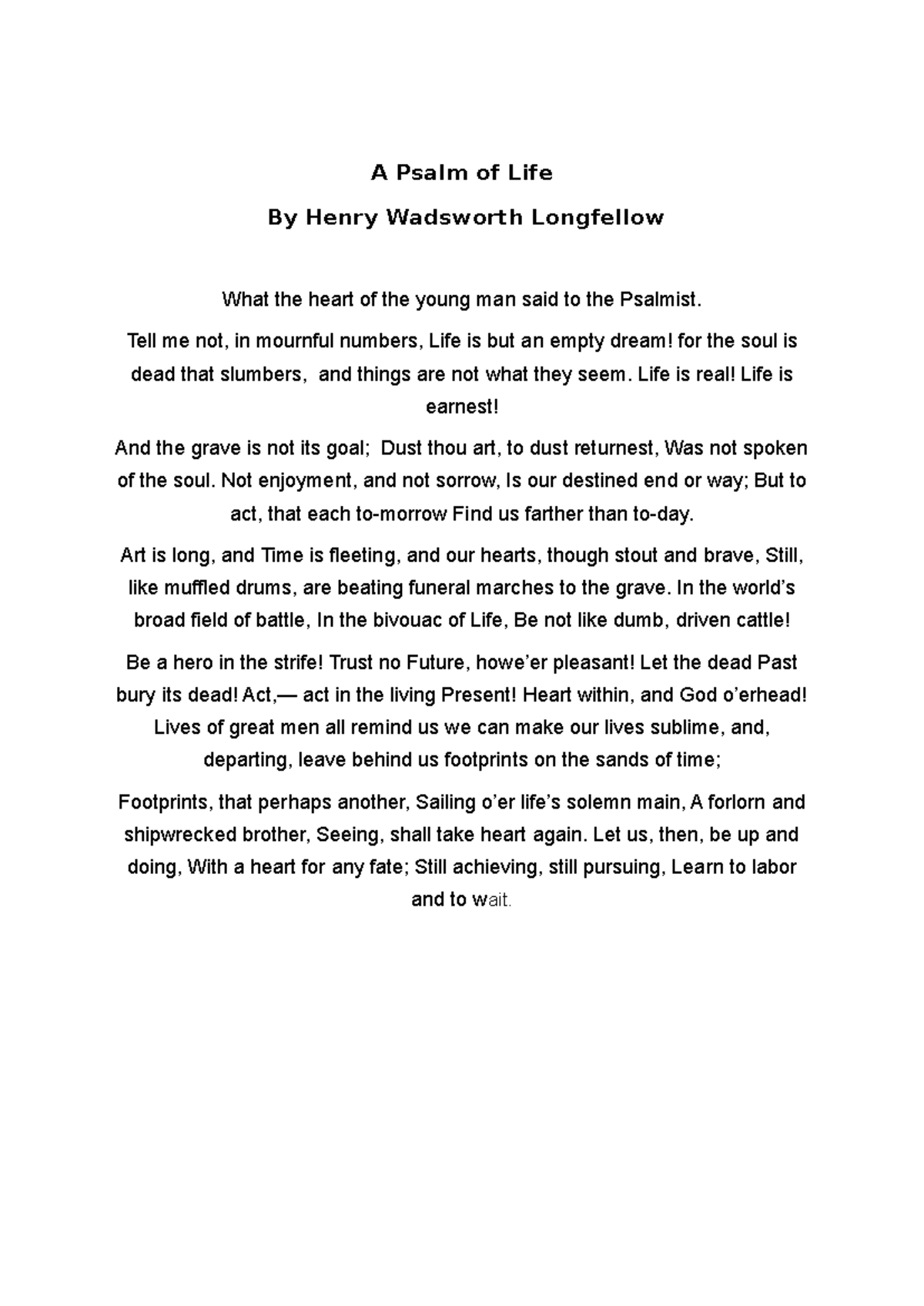 EVALUATION FOR READER RESPONSE - A Psalm of Life By Henry Wadsworth ...