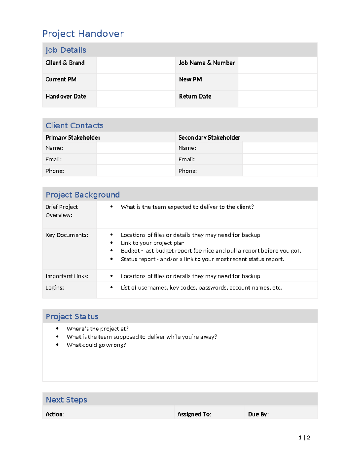 Project Handover - Project Handover Job Details Client & Brand Job Name ...