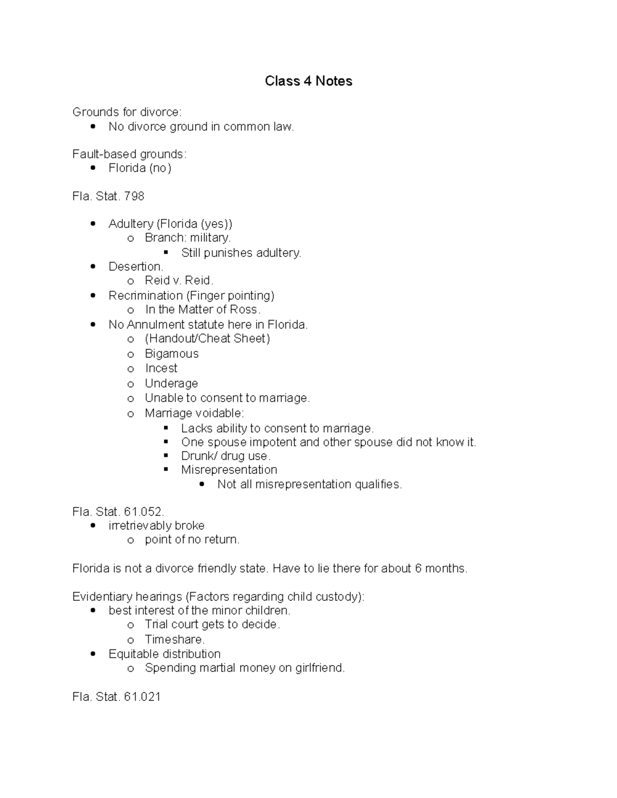 Class 4 Notes- Family Law - Class 4 Notes Grounds for divorce: No ...