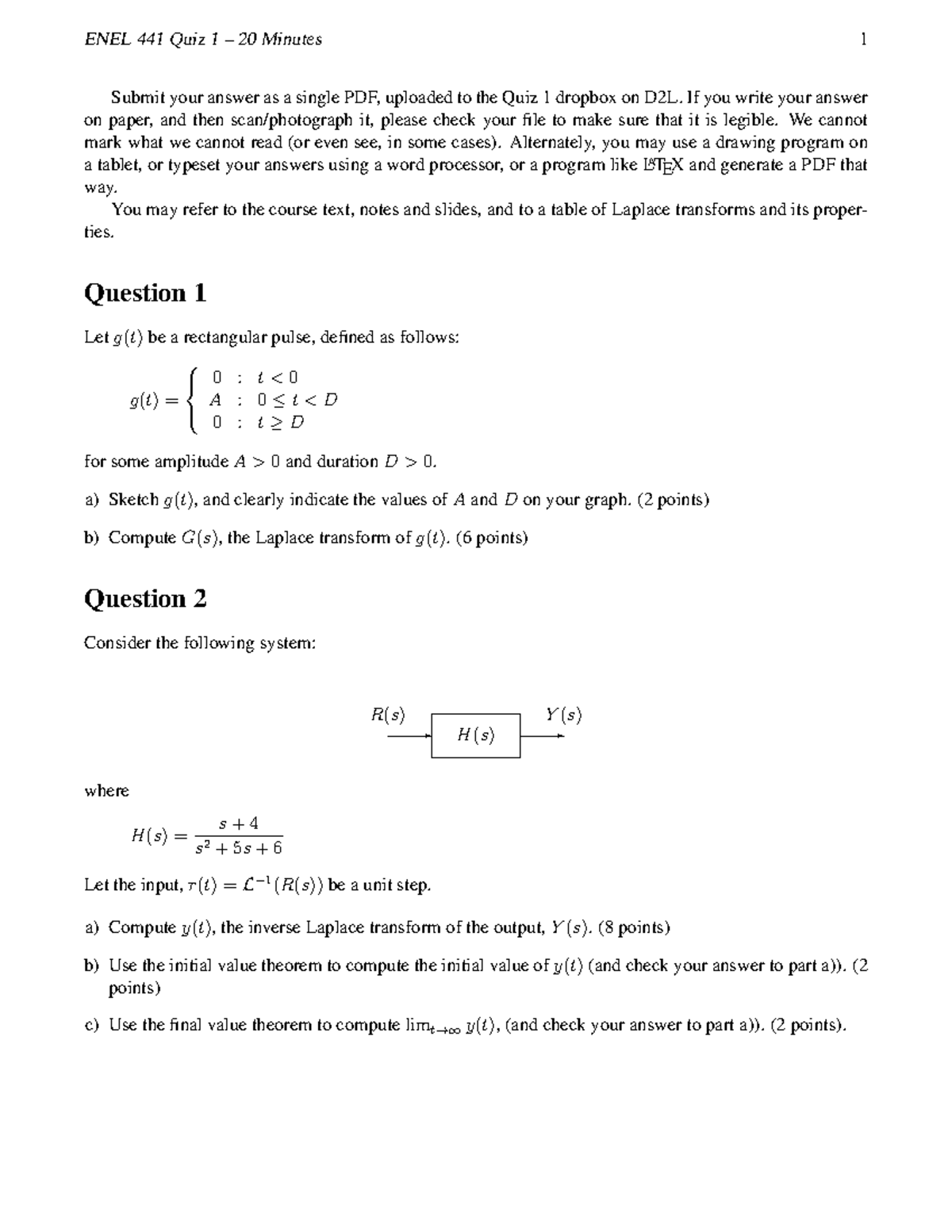 Quiz1 from engg 441 - ENEL 441 Quiz 1 – 20 Minutes 1 Submit your answer ...