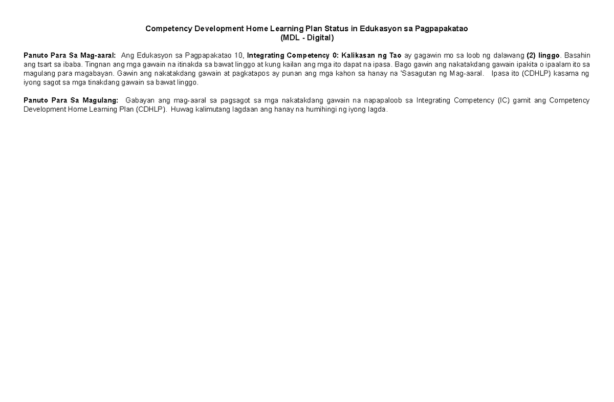 G10 IC0 digital with Cdhlp - Competency Development Home Learning Plan Status in Edukasyon sa ...