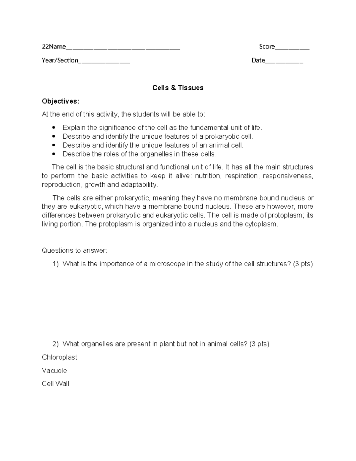 2 Cells Tissues Answer Key - 22Name ...