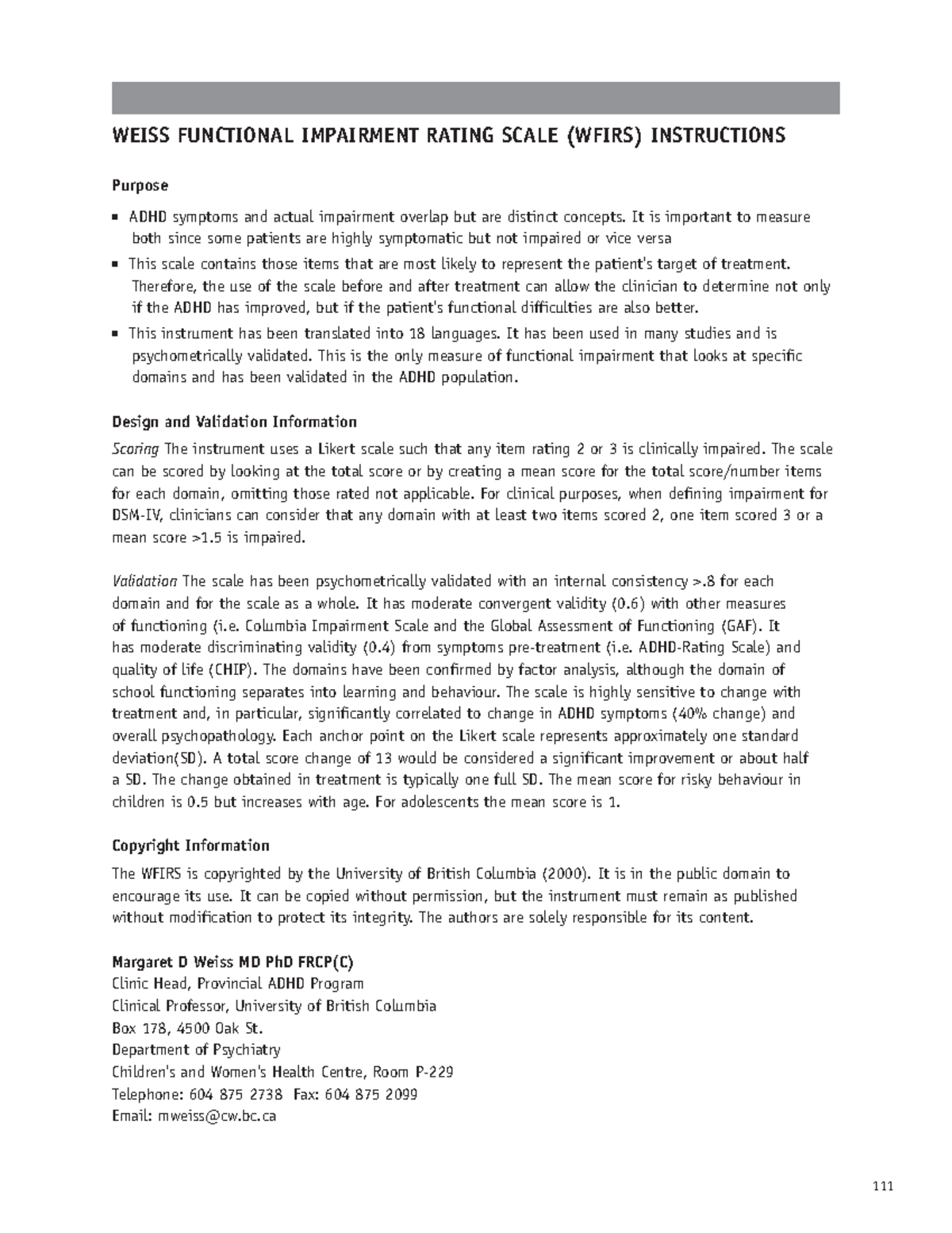 Escala W Firs para diagnostico TDAH - 111 WEISS FUNCTIONAL IMPAIRMENT ...