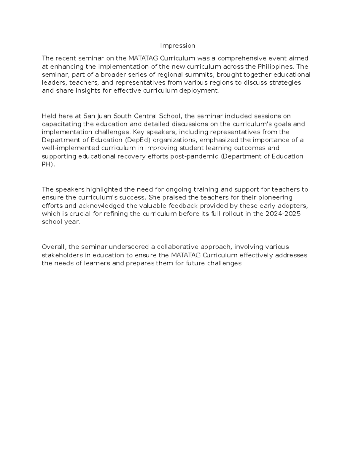 735026993-Impression - Impression The recent seminar on the MATATAG ...