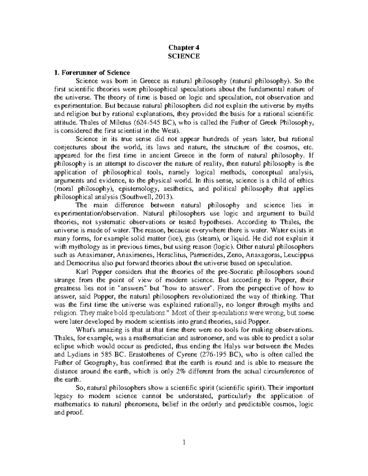 4. Science - Philosophy - 1 Chapter 4 SCIENCE Forerunner of Science ...