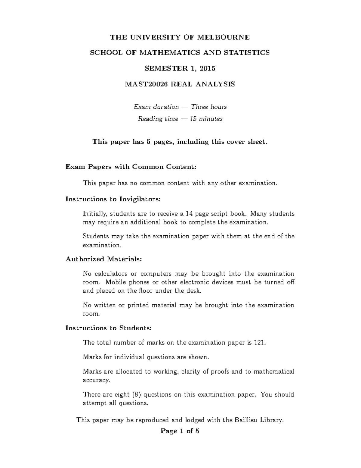 Exam 2015, questions - THE UNIVERSITY OF MELBOURNE SCHOOL OF ...