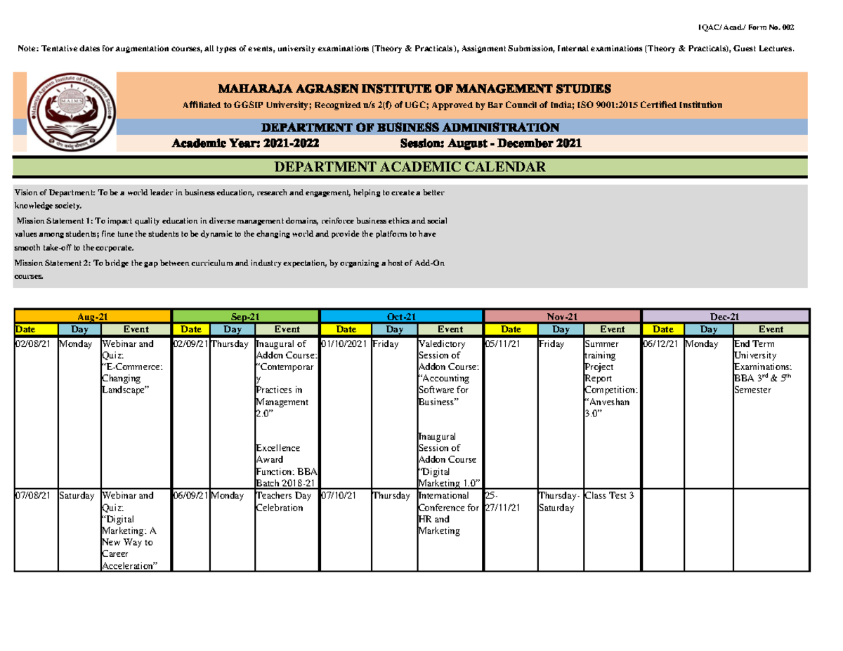 BBA Departments-Academic-August-December-2021 - IQAC/ Acad./ Form No ...