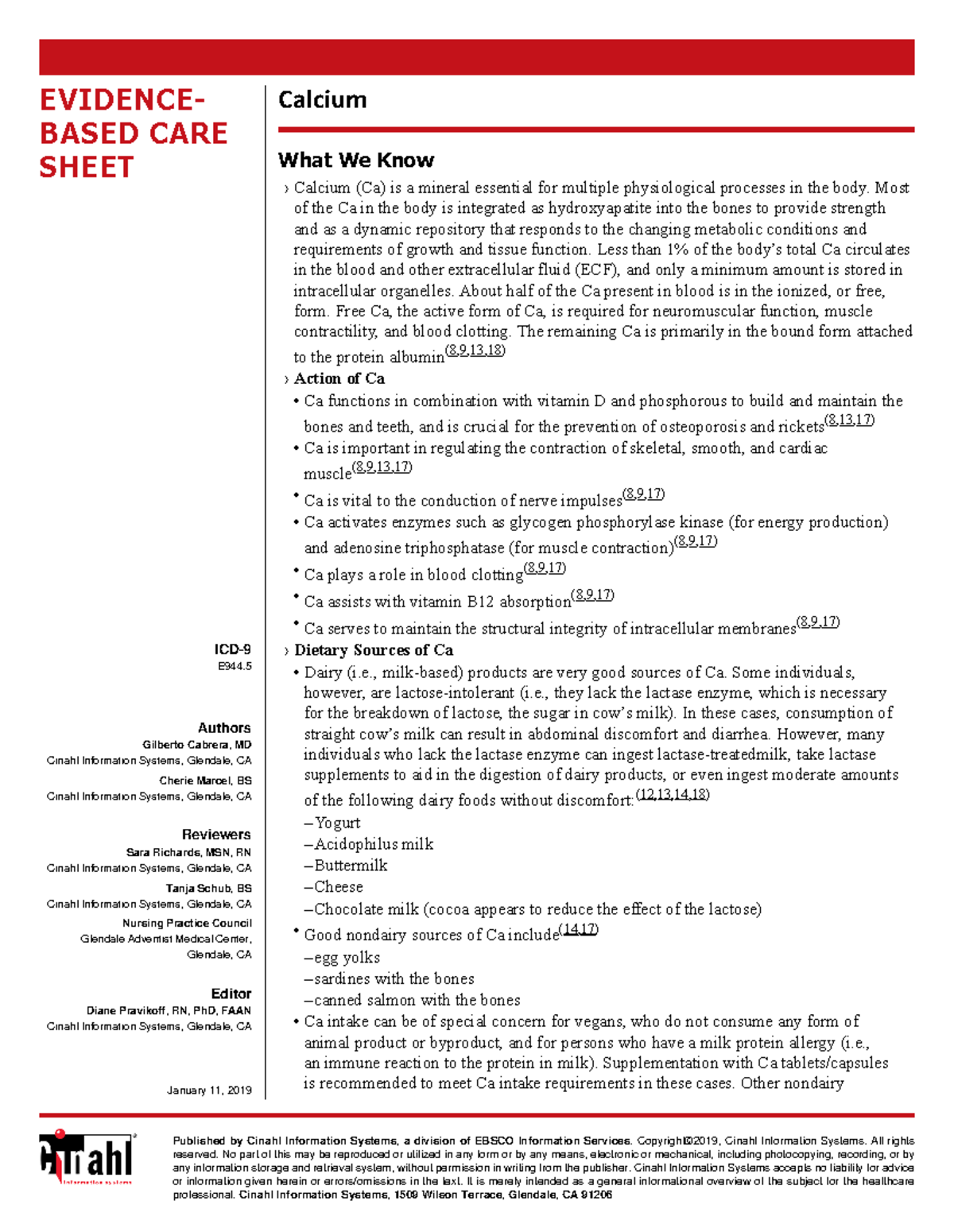 Calcium - Evidence-based care sheet - EVIDENCE- BASED CARE SHEET ICD ...