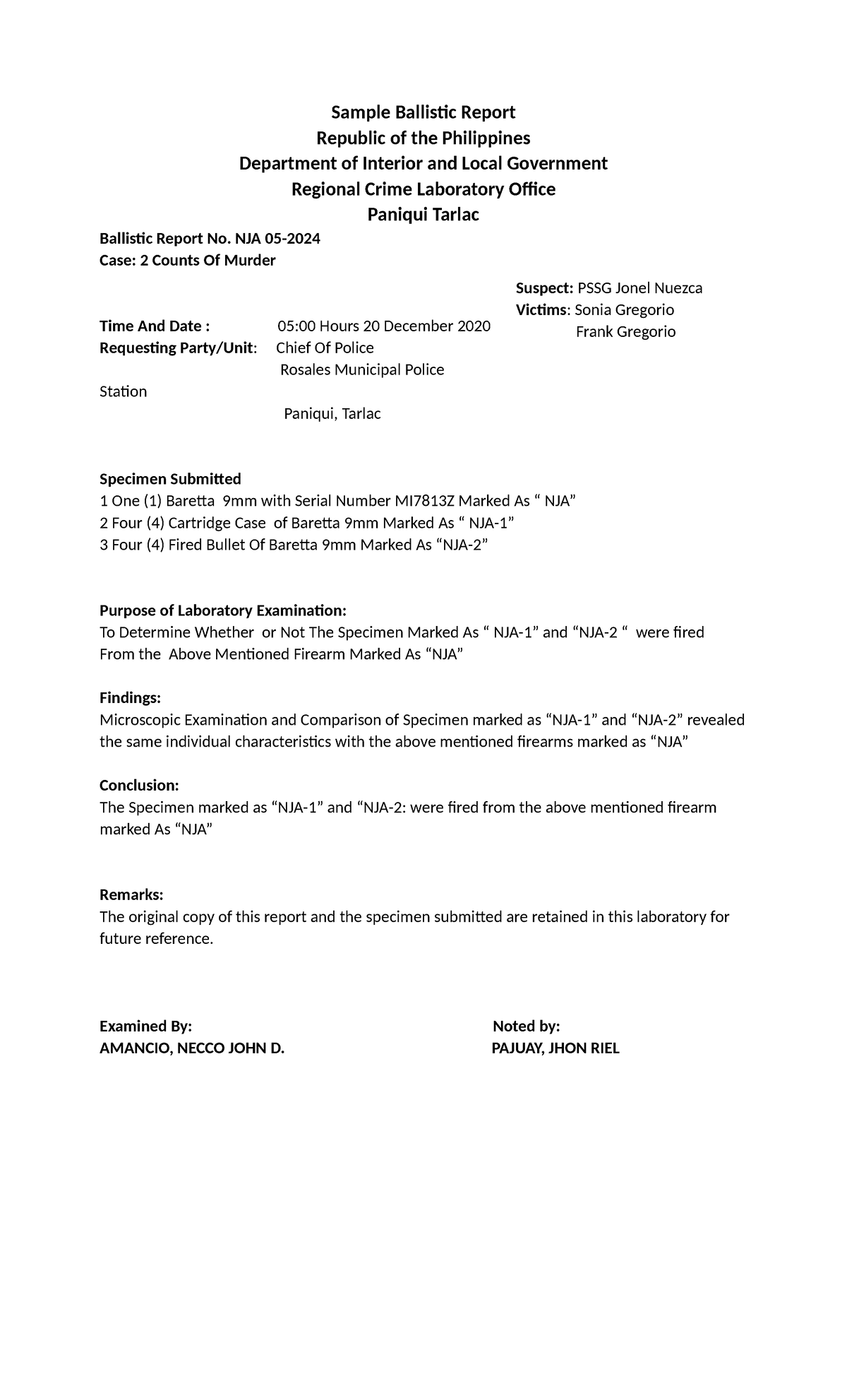 Neccccoo 4 - sadsadsad - Sample Ballistic Report Republic of the ...