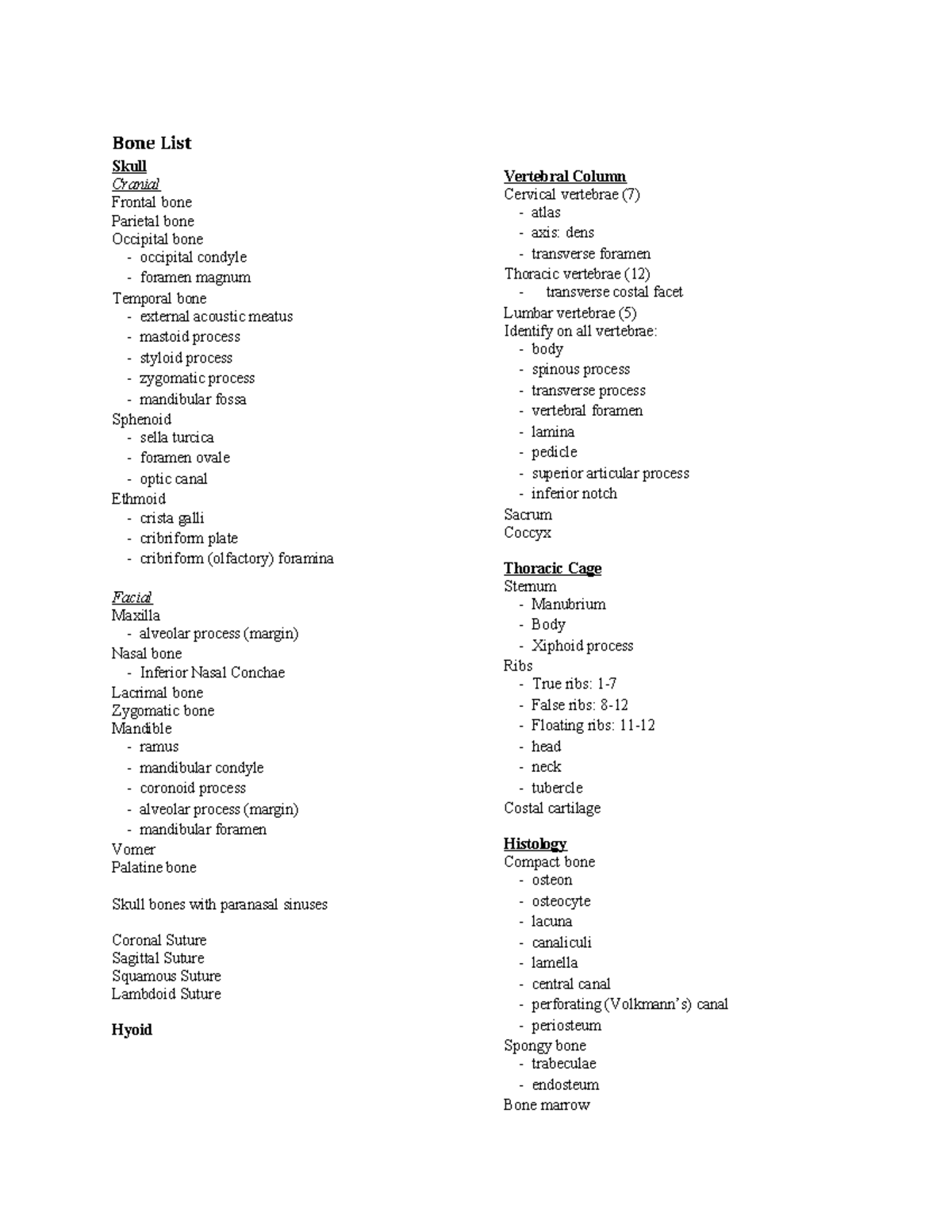 Bone List - bone list - Bone List Skull Cranial Frontal bone Parietal ...