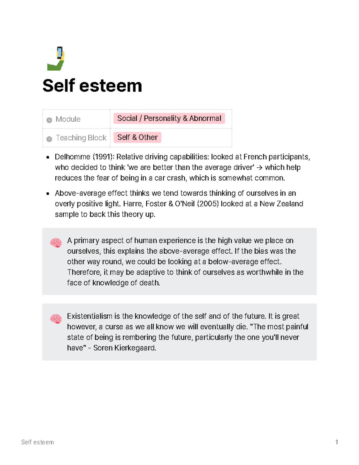 Self esteem - Lecture notes 1 - 🤳 Self esteem Module Social ...
