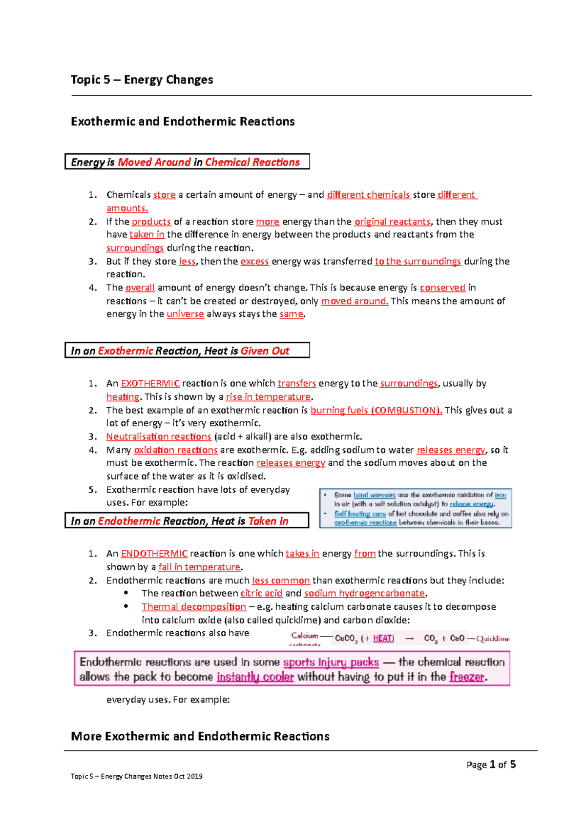 GCSE Chemistry Revision Notes - C5 - Energy Changes - Oct 2019 - Topic ...